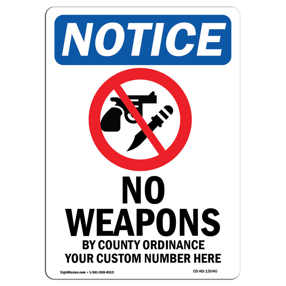 SignMission OSHA Notice - No Weapons By County Sign With Symbol | Heavy ...
