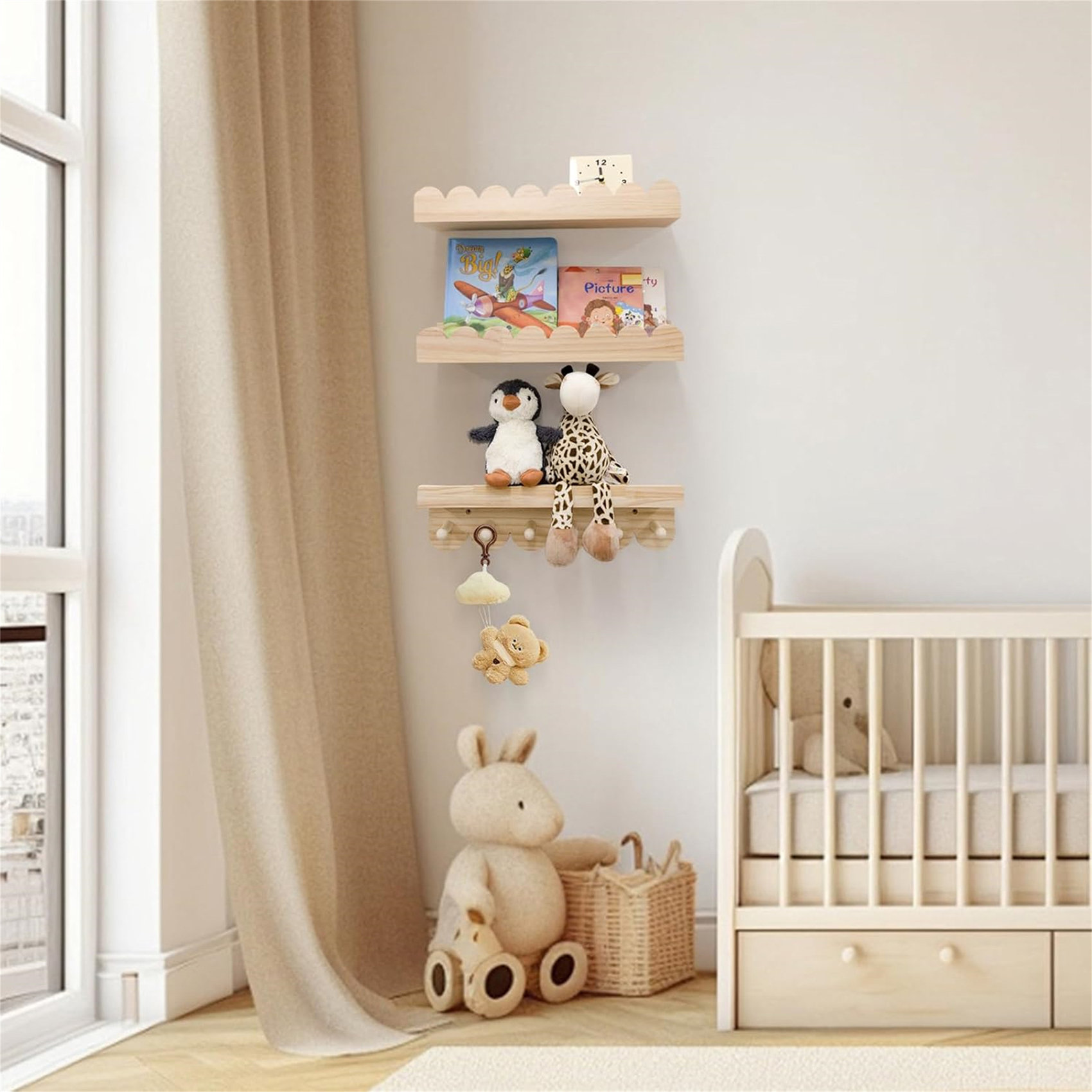Harriet Bee Wall-Mounted Nursery Bookshelves with Hooks – Set of 3 Kids ...