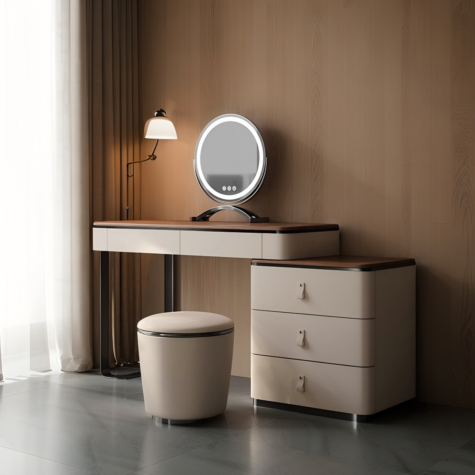 Brass Foam 47.24"Beige and Brown Retro Vanity Nightstand Makeup Stool ...