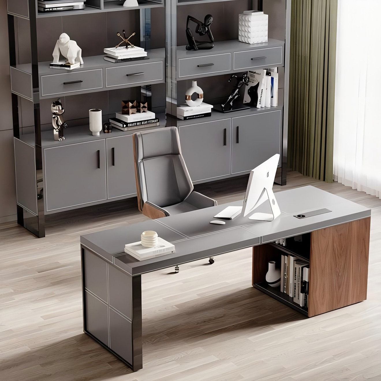 Coxambrey Rectangle Saddle Leather Executive Desk with and Cabinet ...