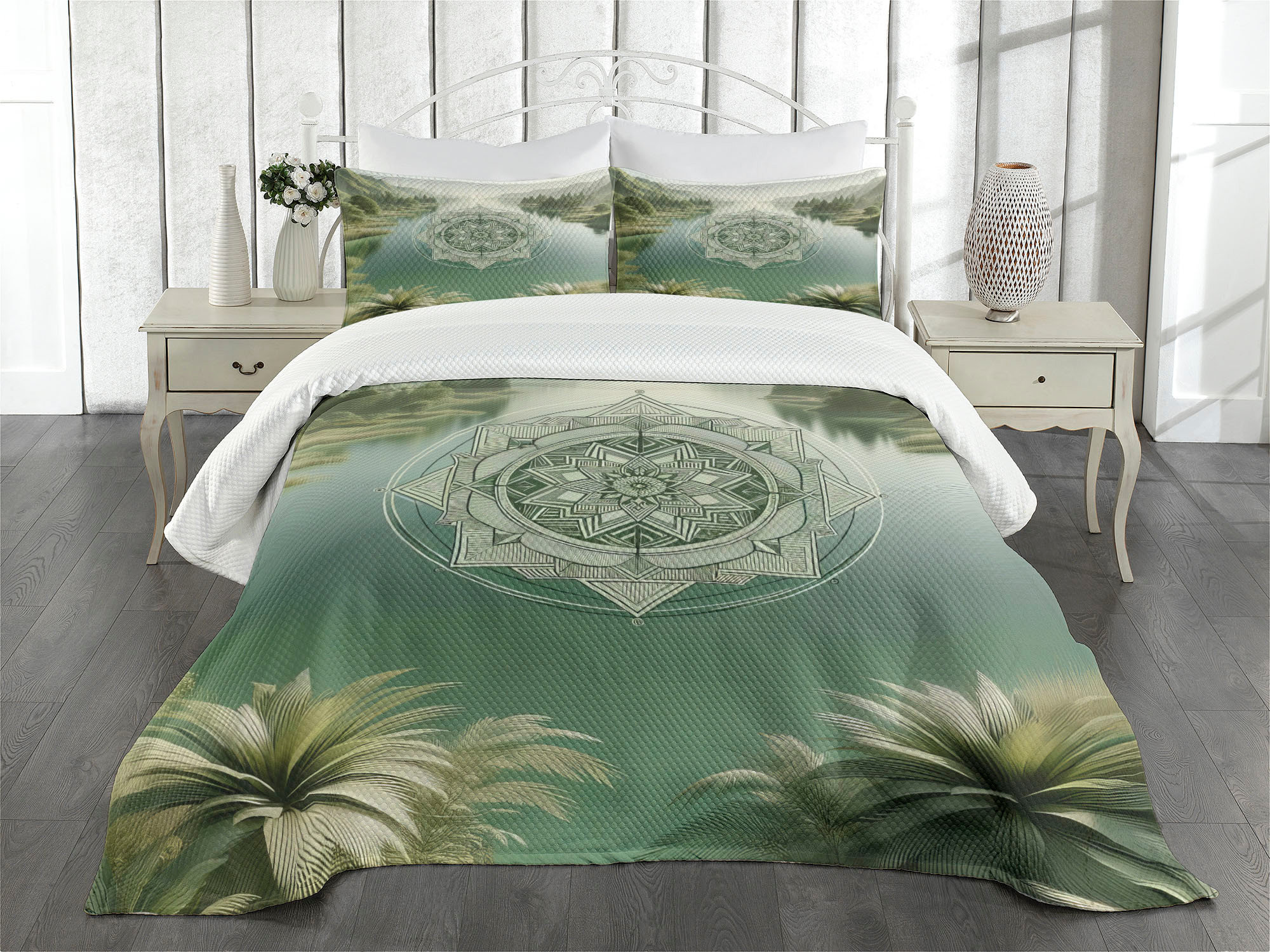 Ambesonne Sage Green Bedspread Set 3 Pcs Bohemian Mandala Lake Queen ...