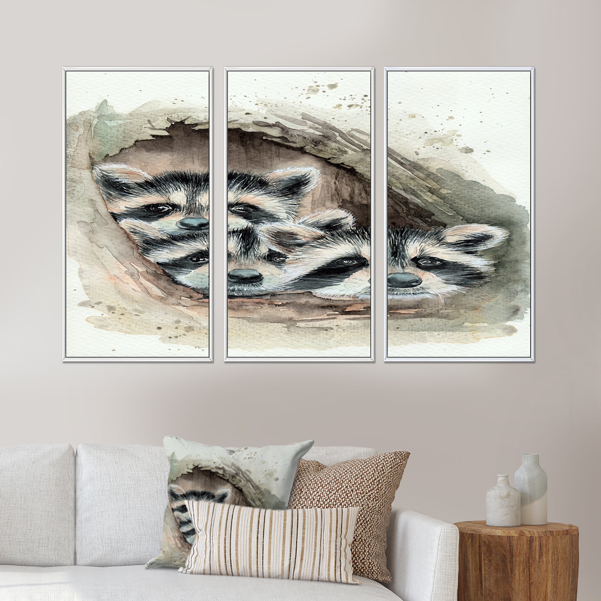 Winston Porter Three Cute Fluffy Raccoons Looking Out Of A Tree - 3 ...