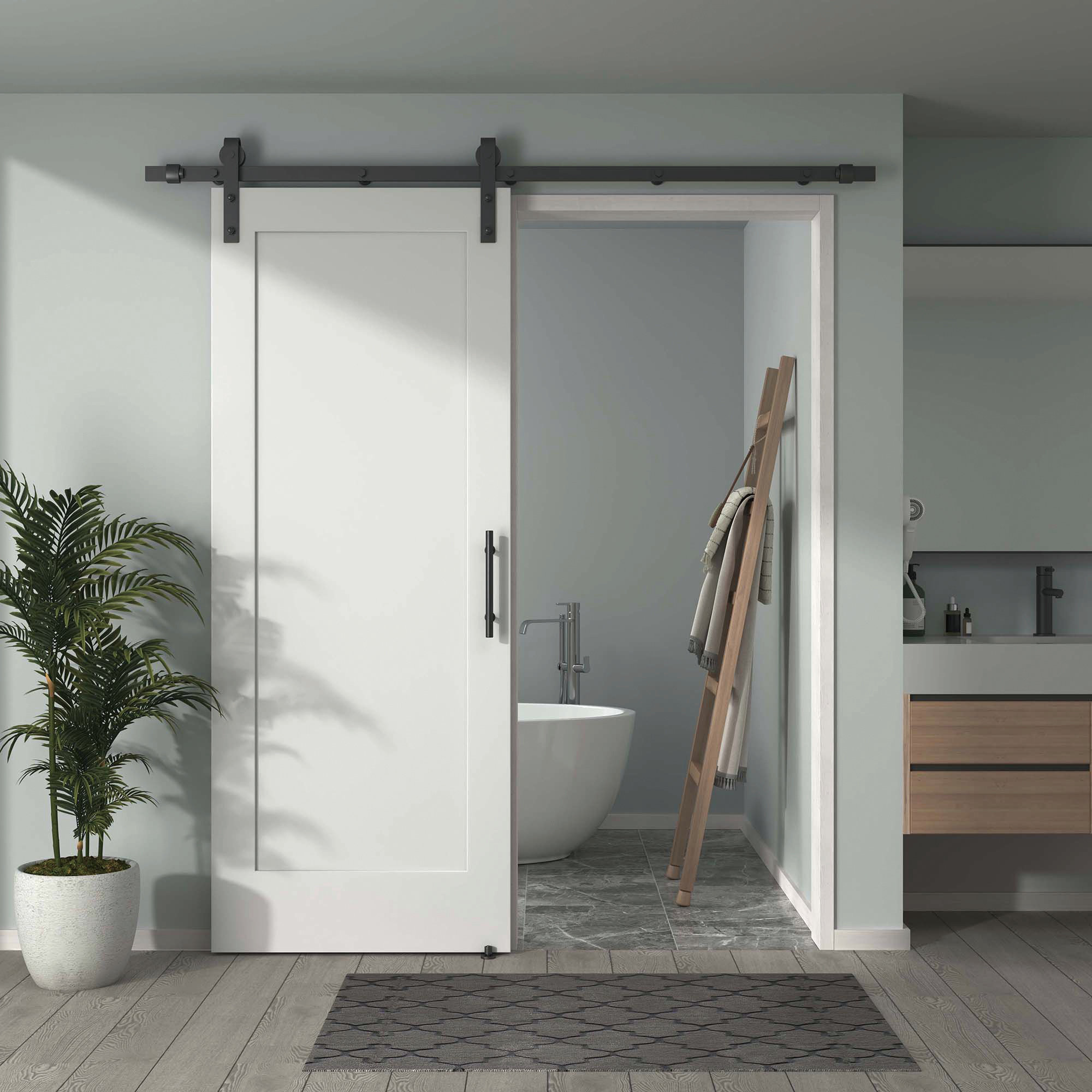 Door Harbor One Panel Shaker Door With Single Barn Door Hardware Kit ...