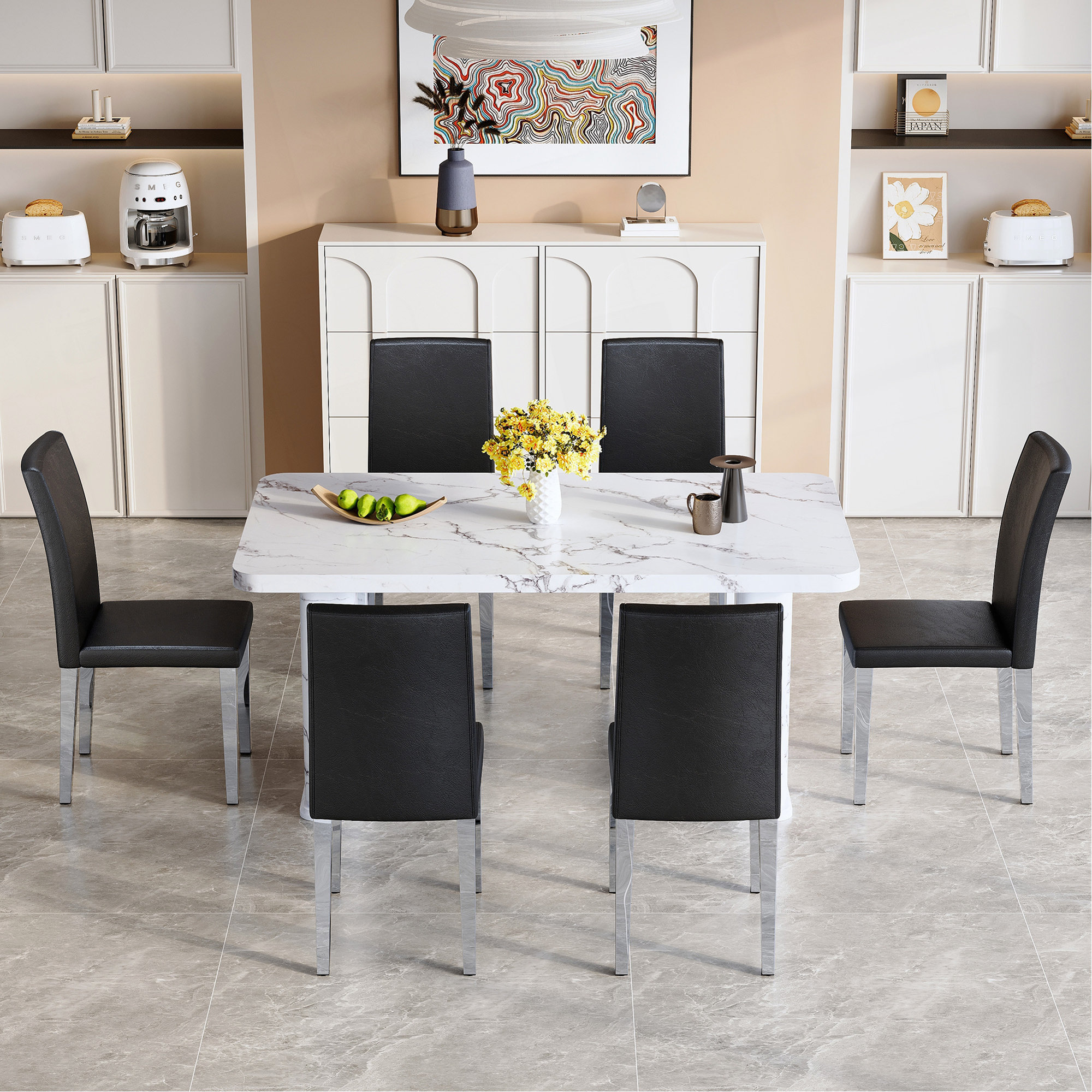 Brayden Studio® Table And Chair Set.64.5X35.4 Inch Stylish White Marble Textured Dining Table ...