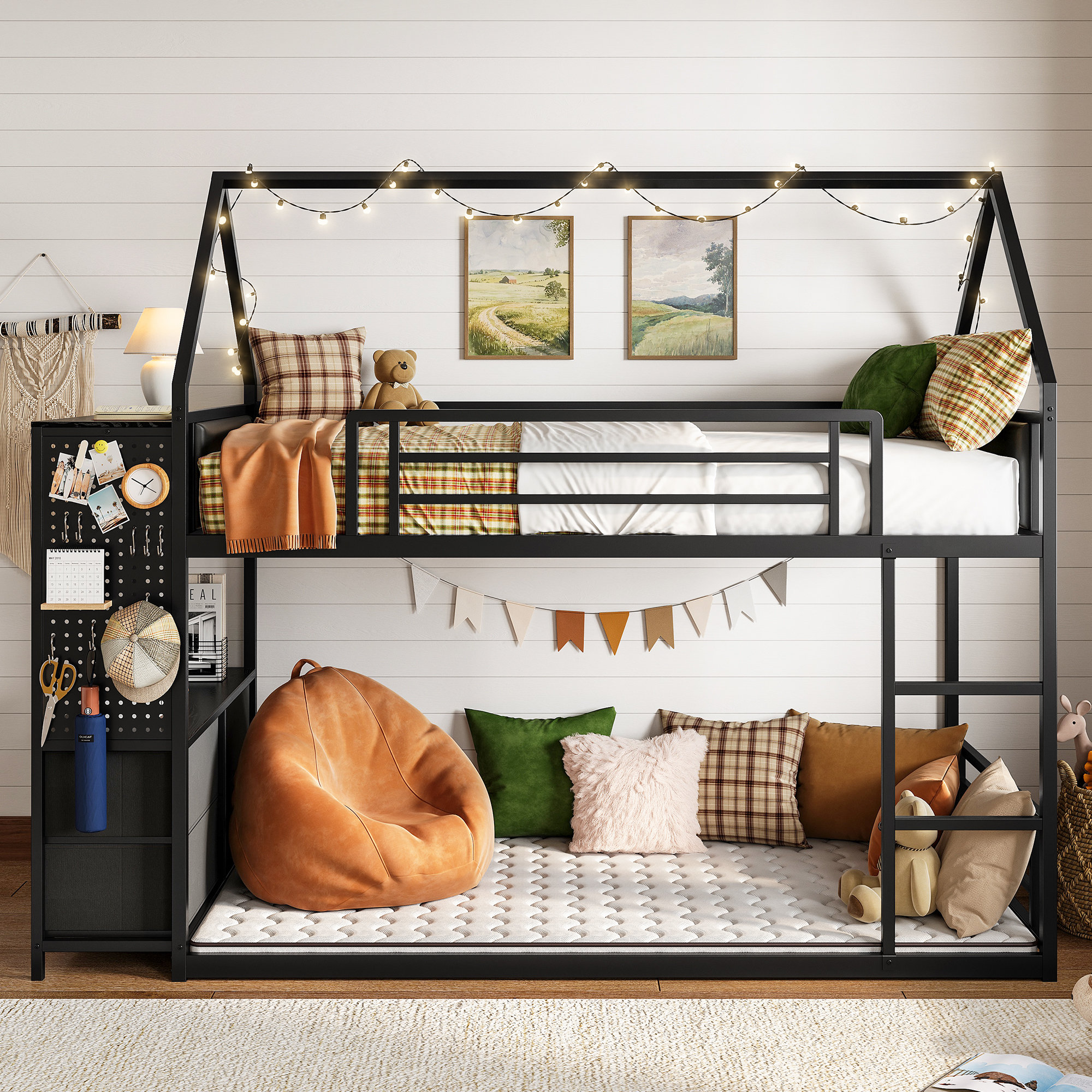 17 Stories Bunk Bed Twin Over Twin, House Bed Frame with 6 Storage ...