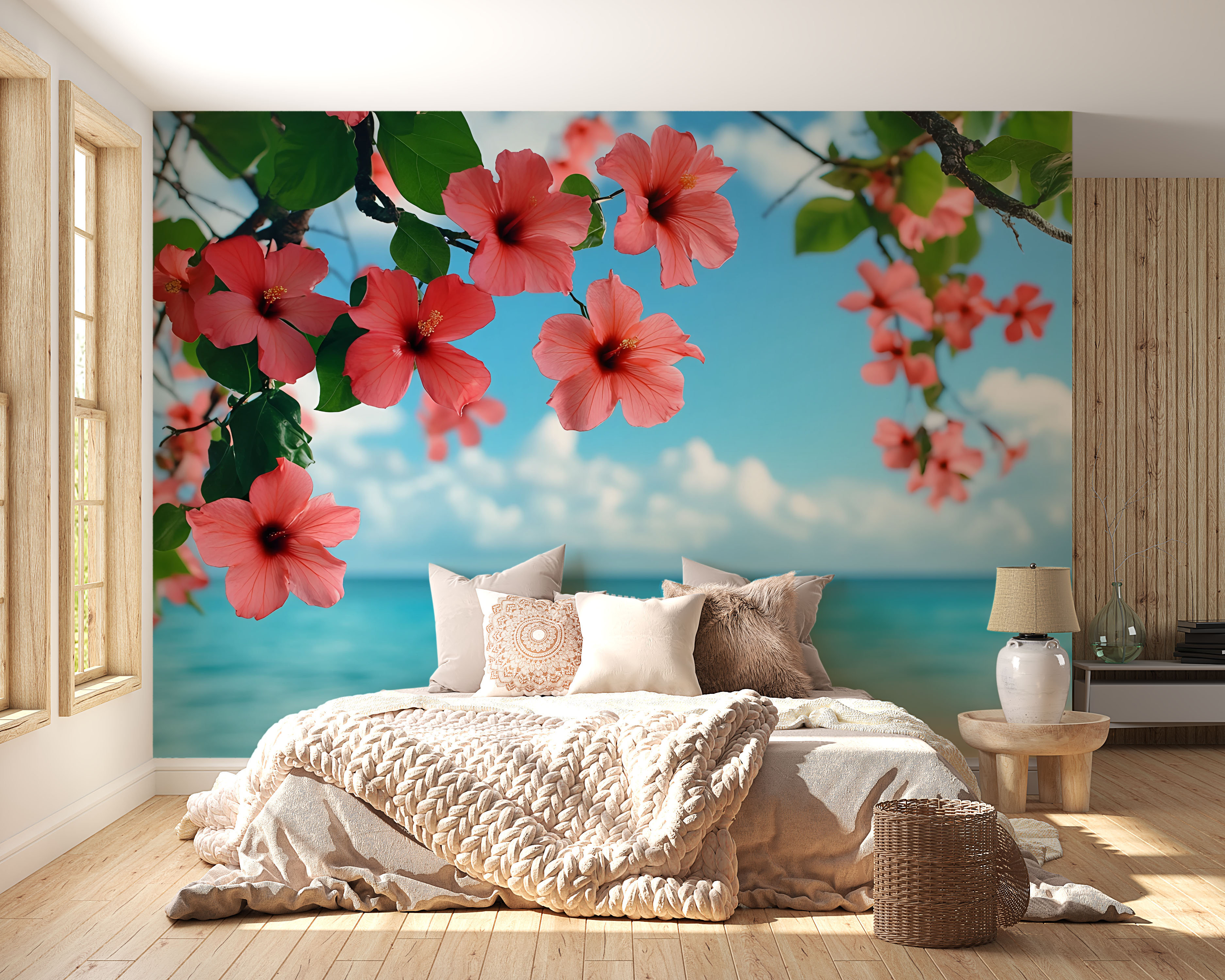 Rosecliff Heights Tropical Hibiscus Wallpaper - Pink Flower Beach Wall ...