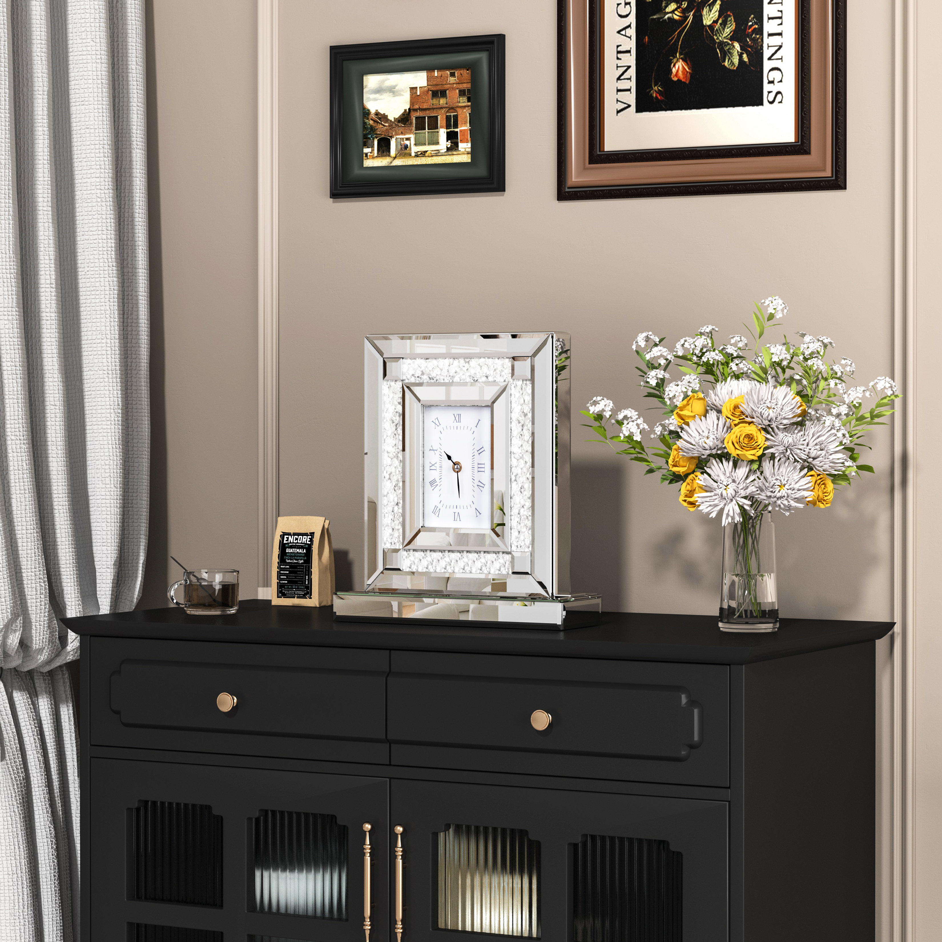 Mercer41 Mirrored Glass Desk Clock Crushed Diamond Mirrored Decorative ...