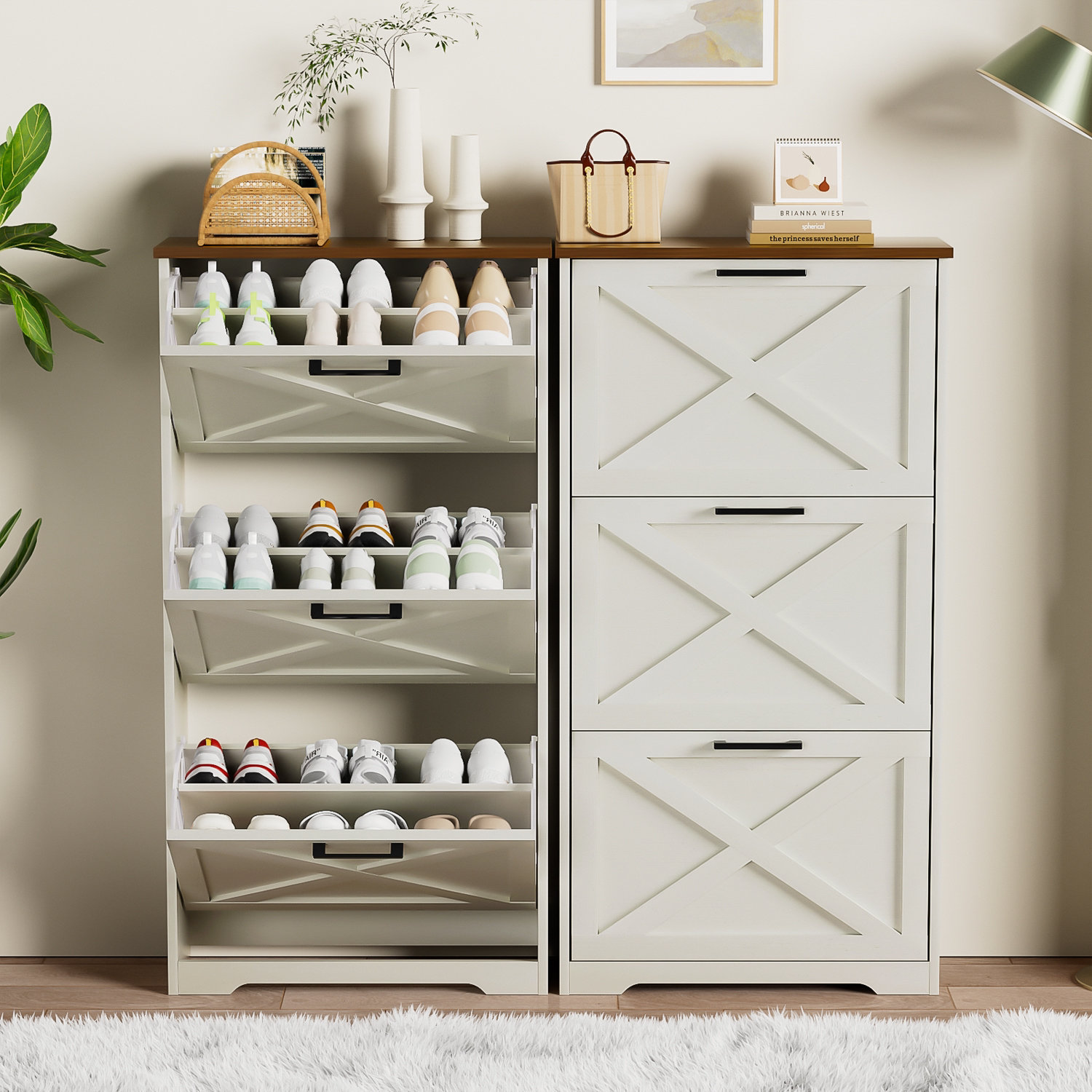 Gracie Oaks Shoe Storage Cabinet With 3 Flip Drawers, Farmhouse Shoe ...