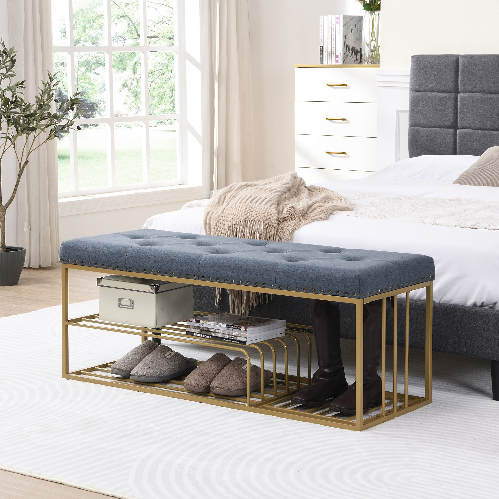 Rosdorf Park Iassac 12 Pairs Shoes Storage Bench Metal Shoes Rack ...