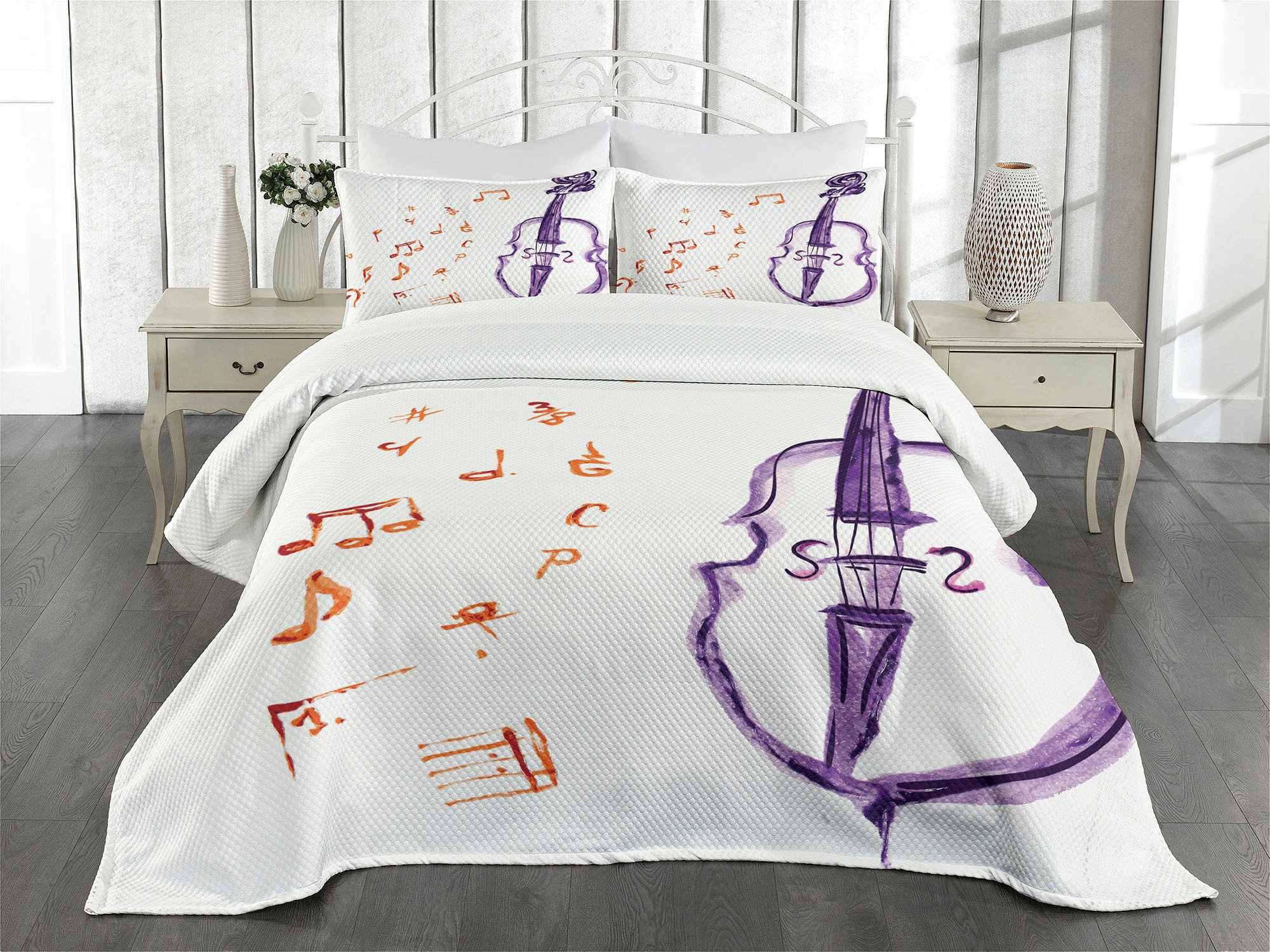 Ambesonne Music Bedspread Set Musical Note Black Theme Purple and Red ...