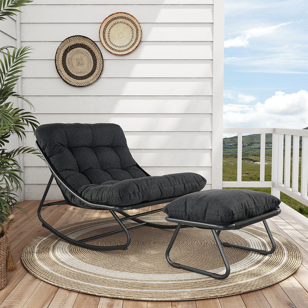 Wade Logan Caili Outdoor Steel Sling Rocking Chair Set With Ottoman ...