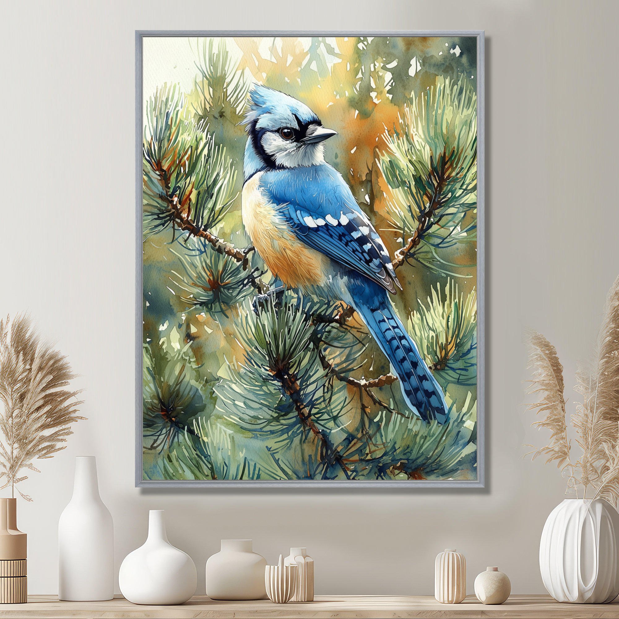 Winston Porter Glynn Blue Jay Among The Pines VI - Bird Framed Canvas ...
