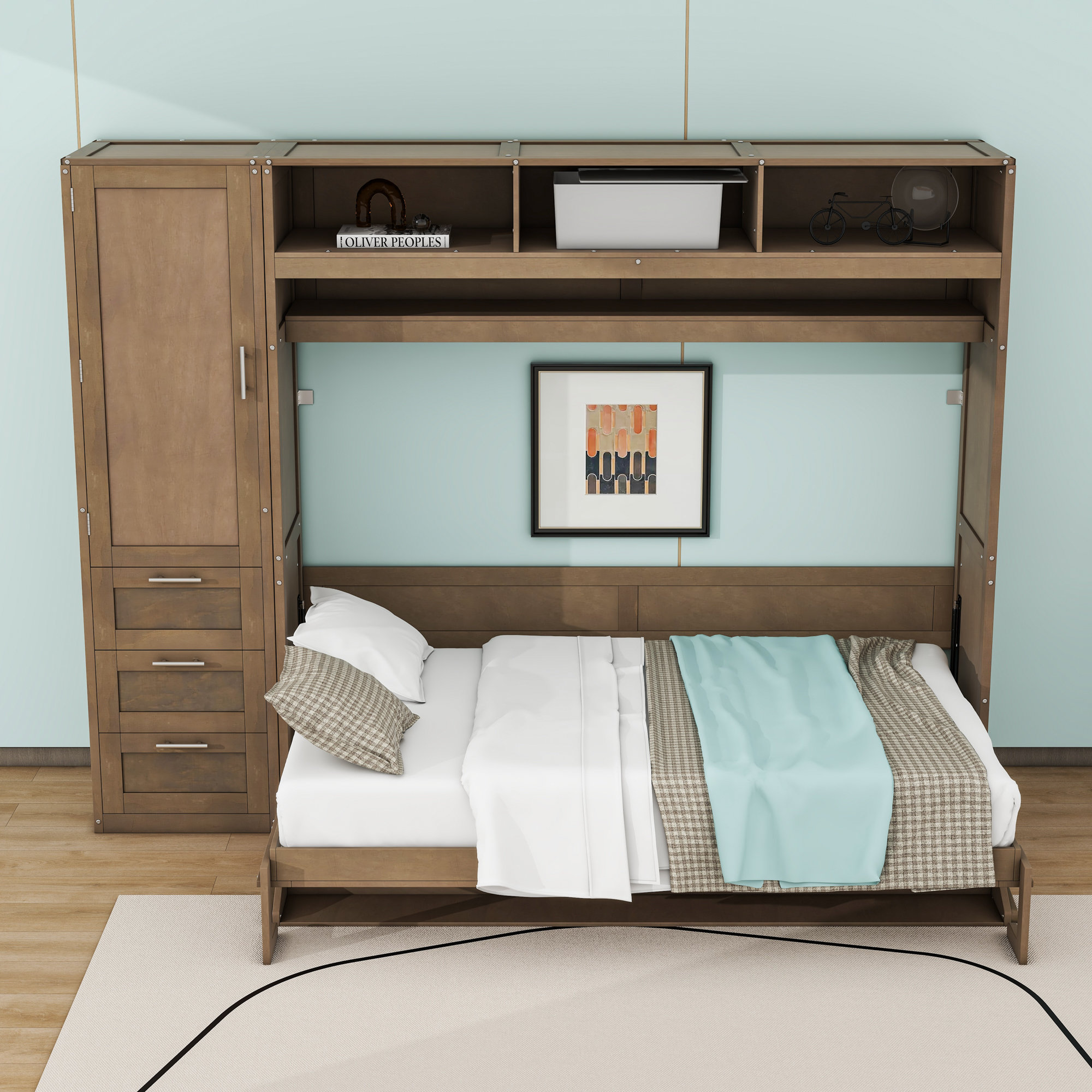Red Barrel Studio® Full Murphy Bed with Wardrobe, Drawers, Shelves and ...