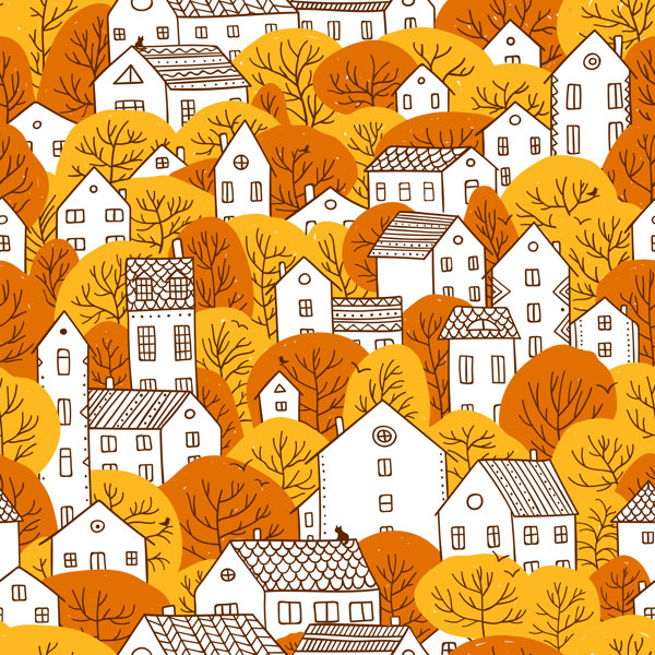 Winston Porter Kentleigh Trees And Houses Seamless Pattern Autumn ...
