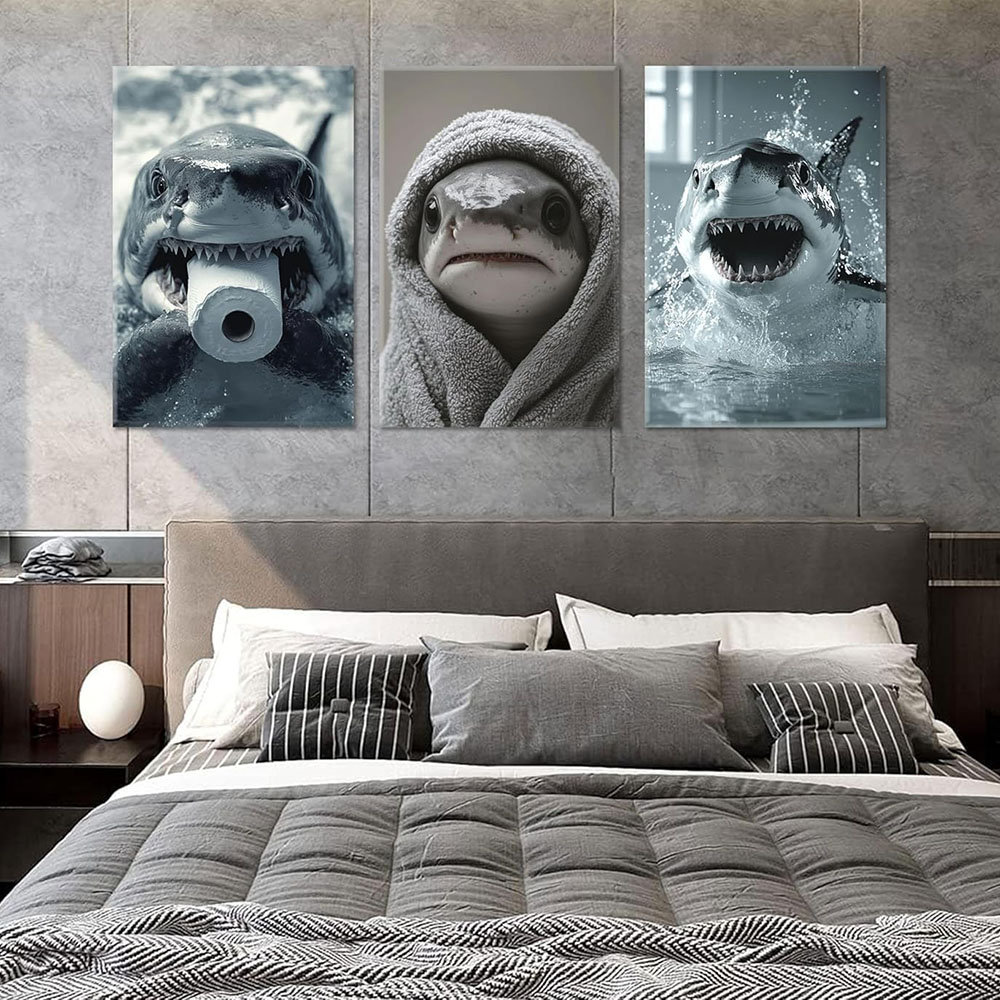 Trinx 3Pcs Cute Shark Bathroom Wall Art Funny Shark In The Bathtub ...