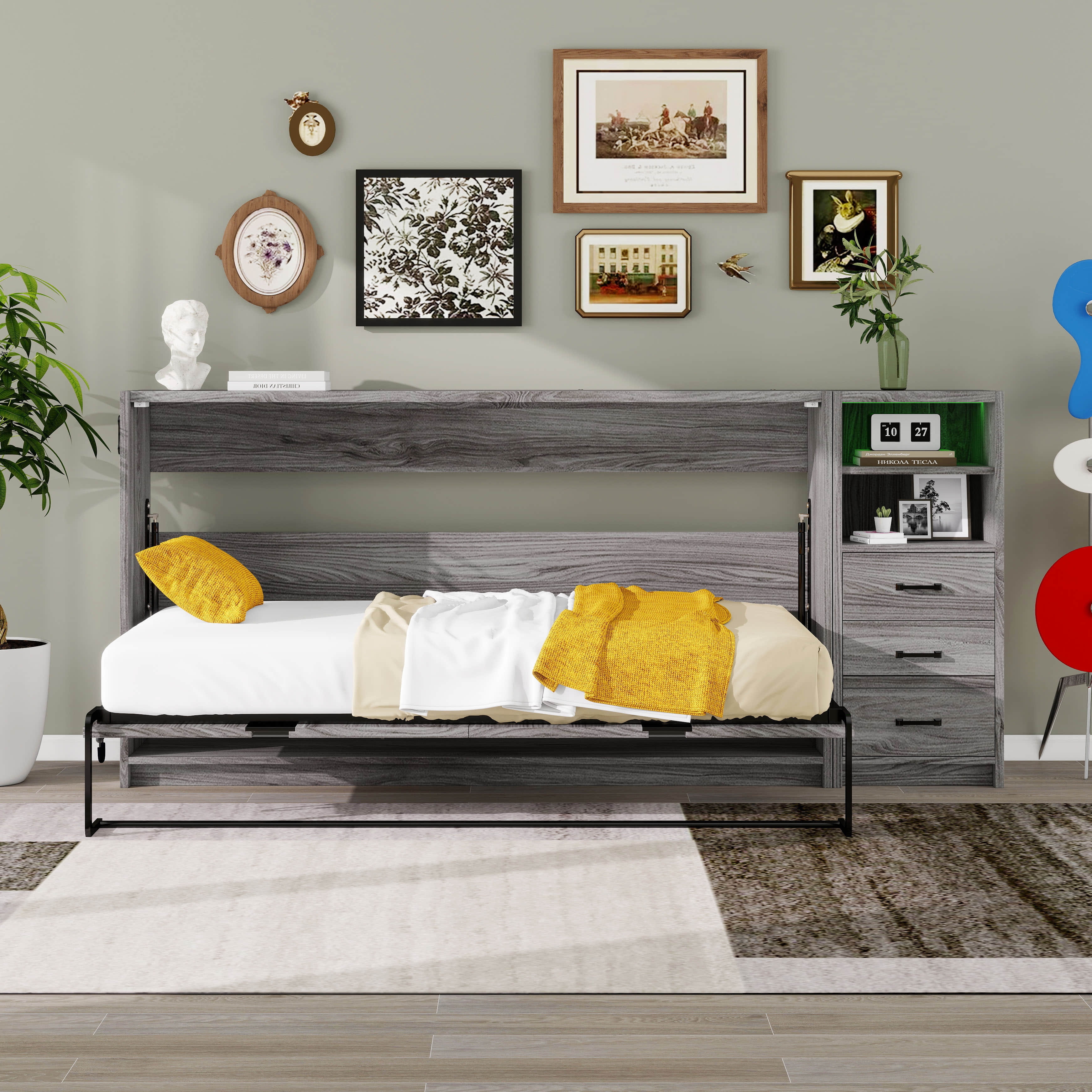 Latitude Run® Twin Size Murphy Bed With Drawers And LED Light, Can Be ...