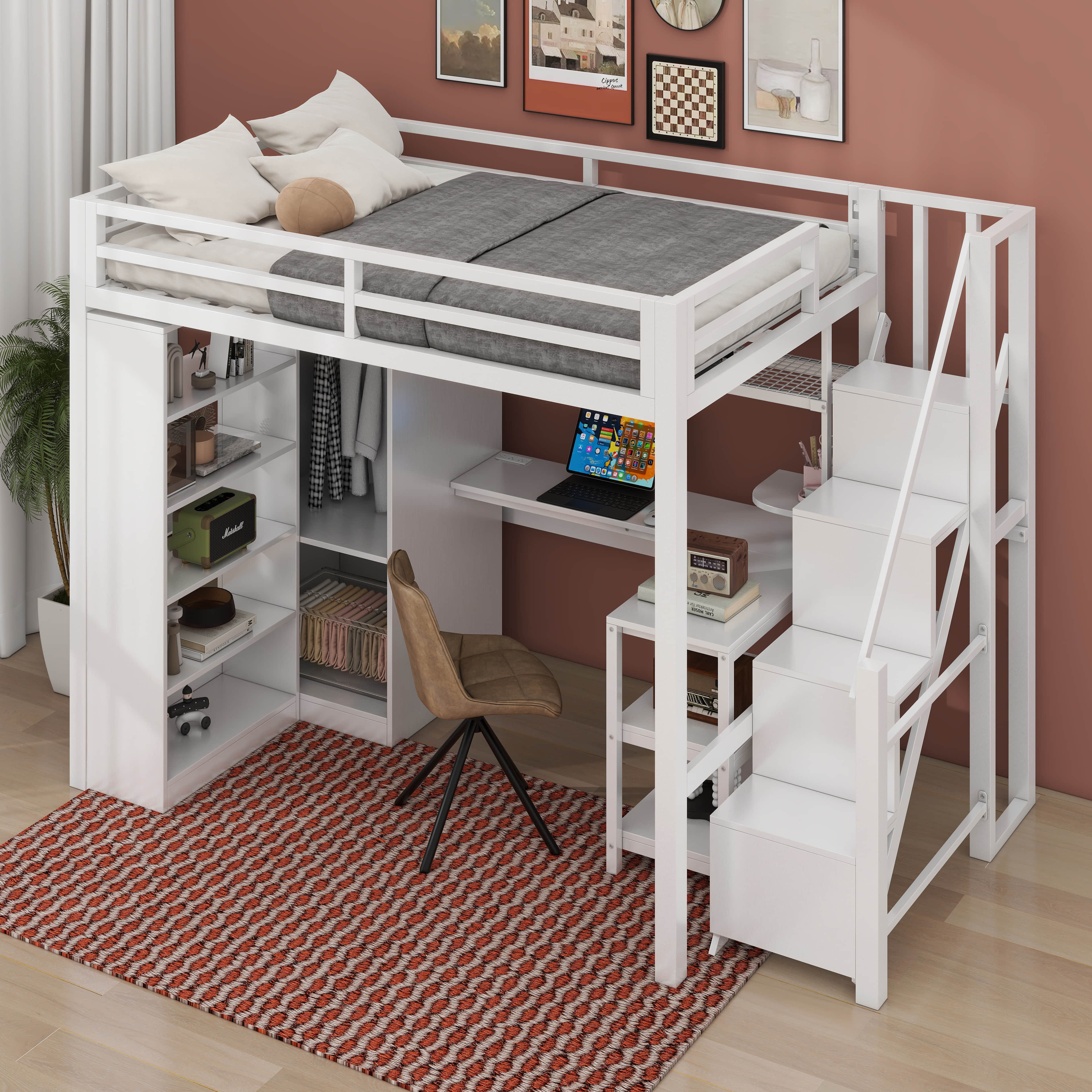 Harriet Bee Metal Full Loft Bed With Desk, USB Ports, 5-Layer Shelf ...