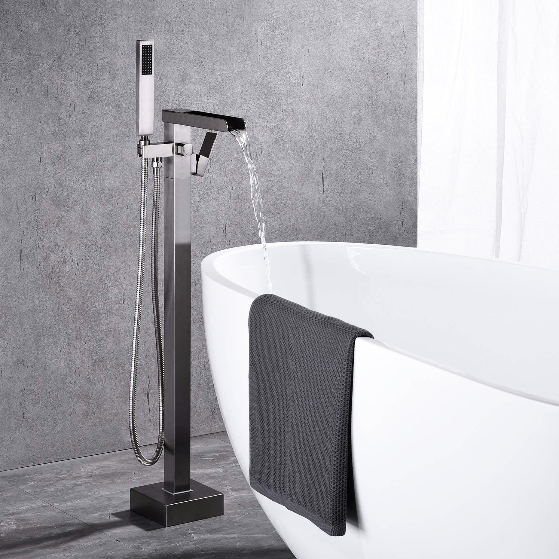 Kivaritio Matte Black Tub Filler With Waterfall Spout And Hand Shower ...