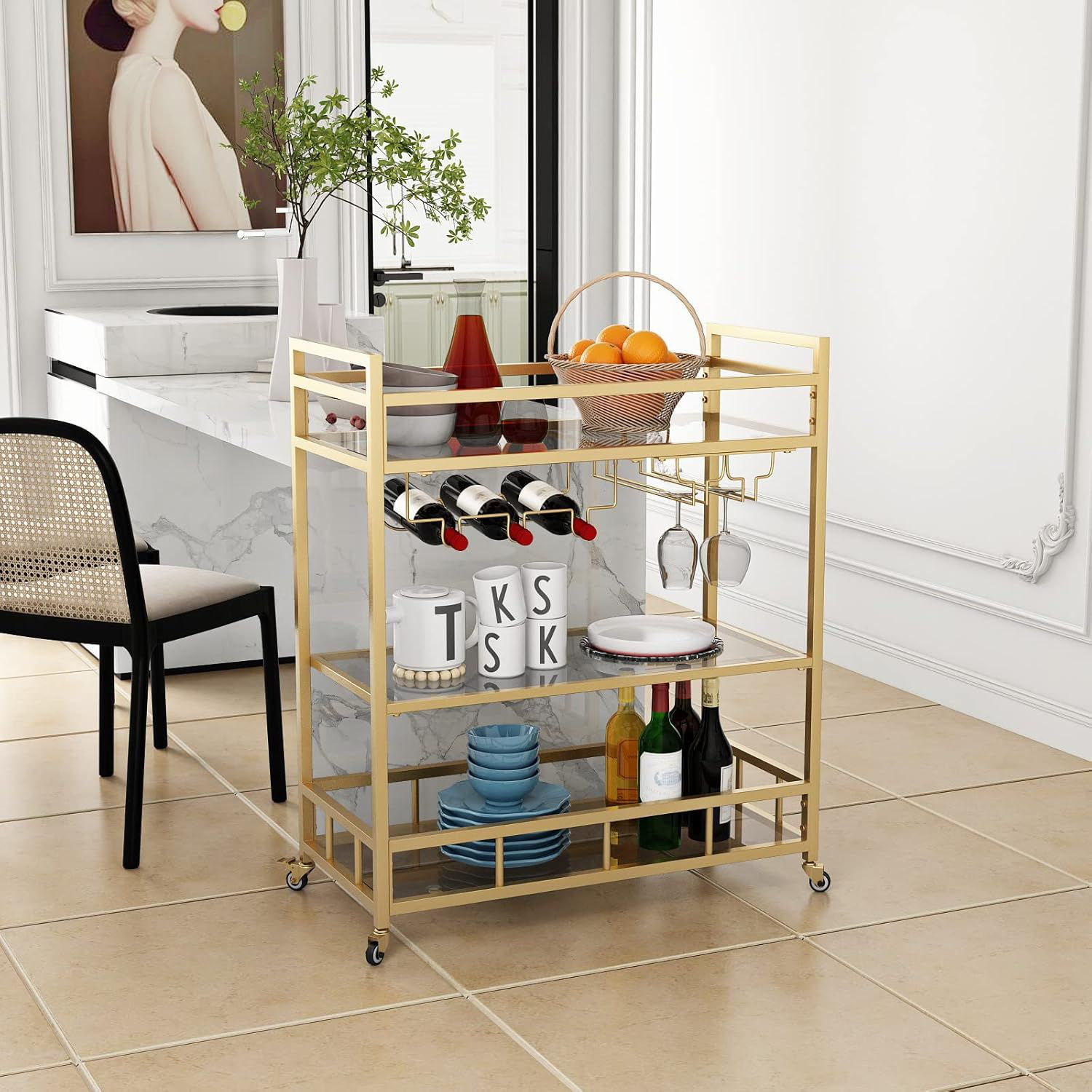 Latitude Run® Bar Cart Gold with Bottle Storage and Wine Glass, Rolling Serving Bar Cart on ...