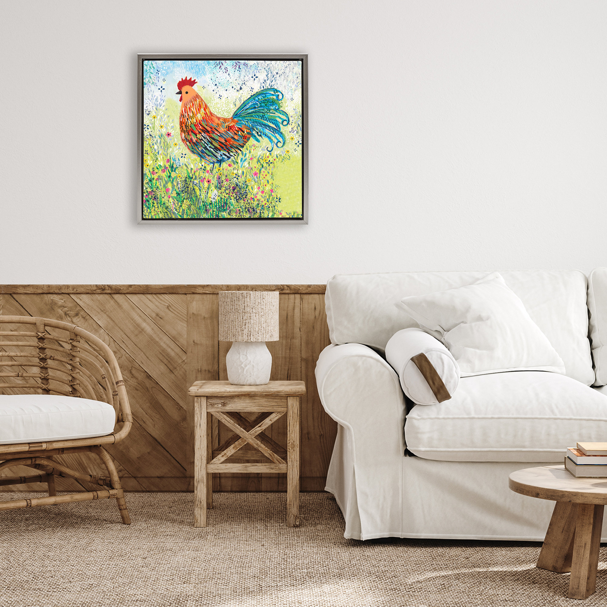 Ebern Designs Cockerel Rooster in Colorful Garden Floating Frame ...