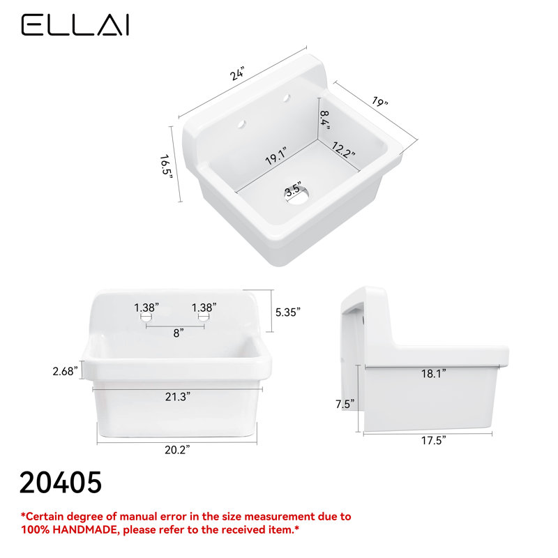 Ellai White Ceramic Utility Sink 24" x 19" x 16.5" Wall Mounted Laundry ...