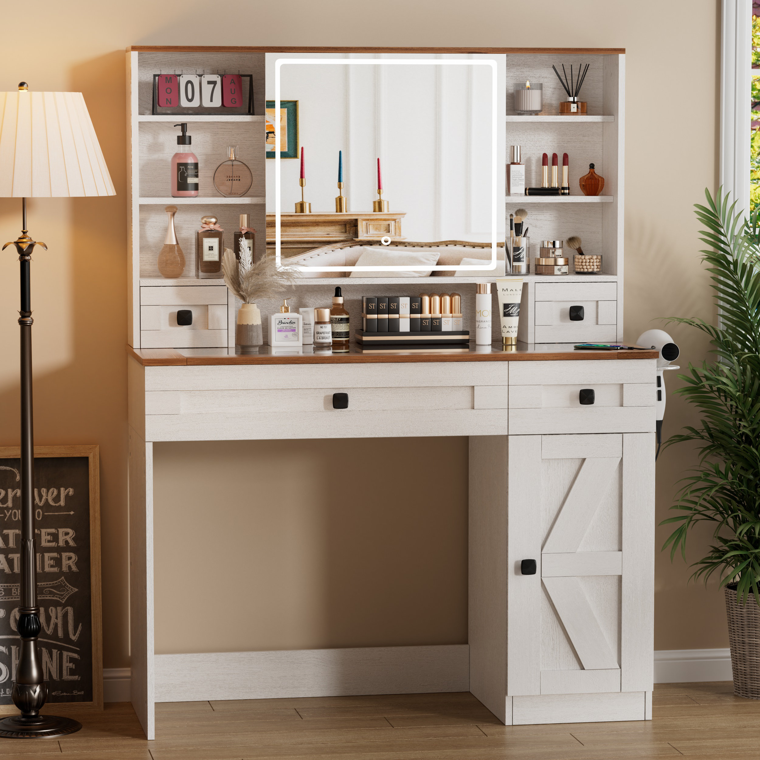 Gracie Oaks Krisette Makeup Vanity Desk with Sliding Mirror and Lights ...