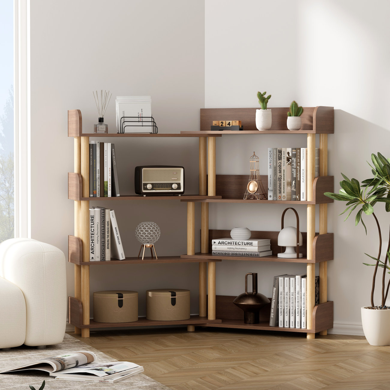Latitude Run® 4 Tier Retractable & Rotatable Bookcases, Wooden Corner ...