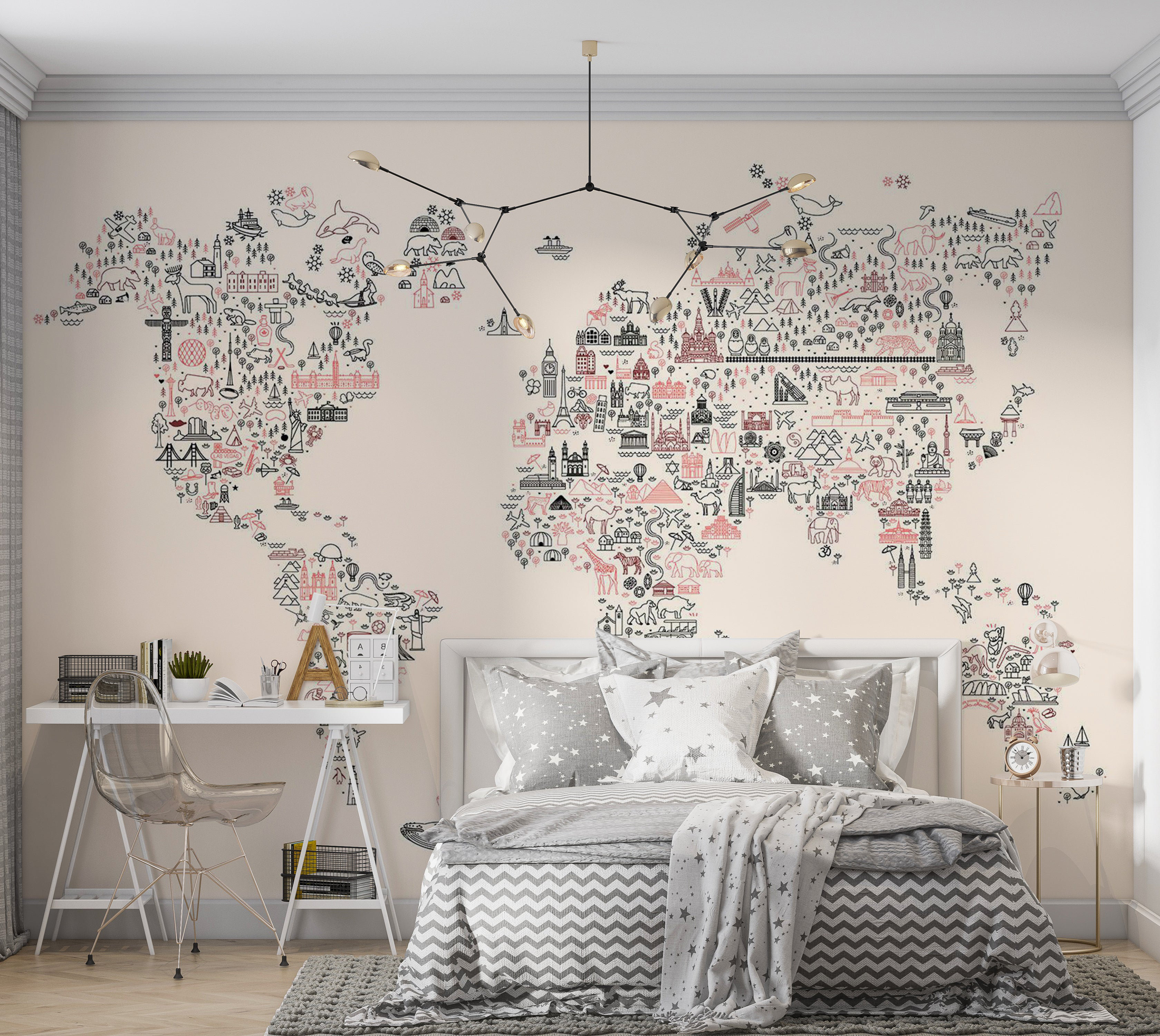 Mason & Marbles Kids Wallpaper Wall Mural - World Map With Icons | Wayfair