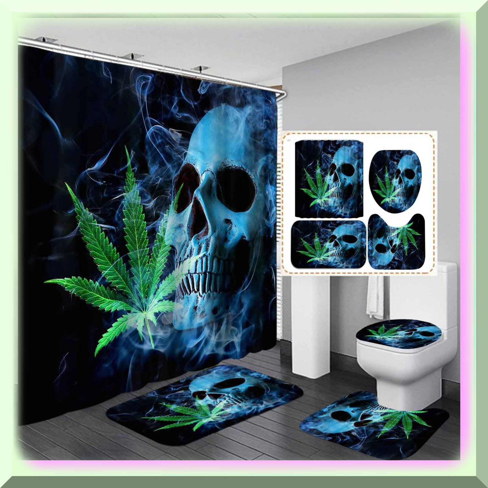 East Urban Home Gothic Skull Bathroom Set - 4PCS Blue Shower Curtain ...