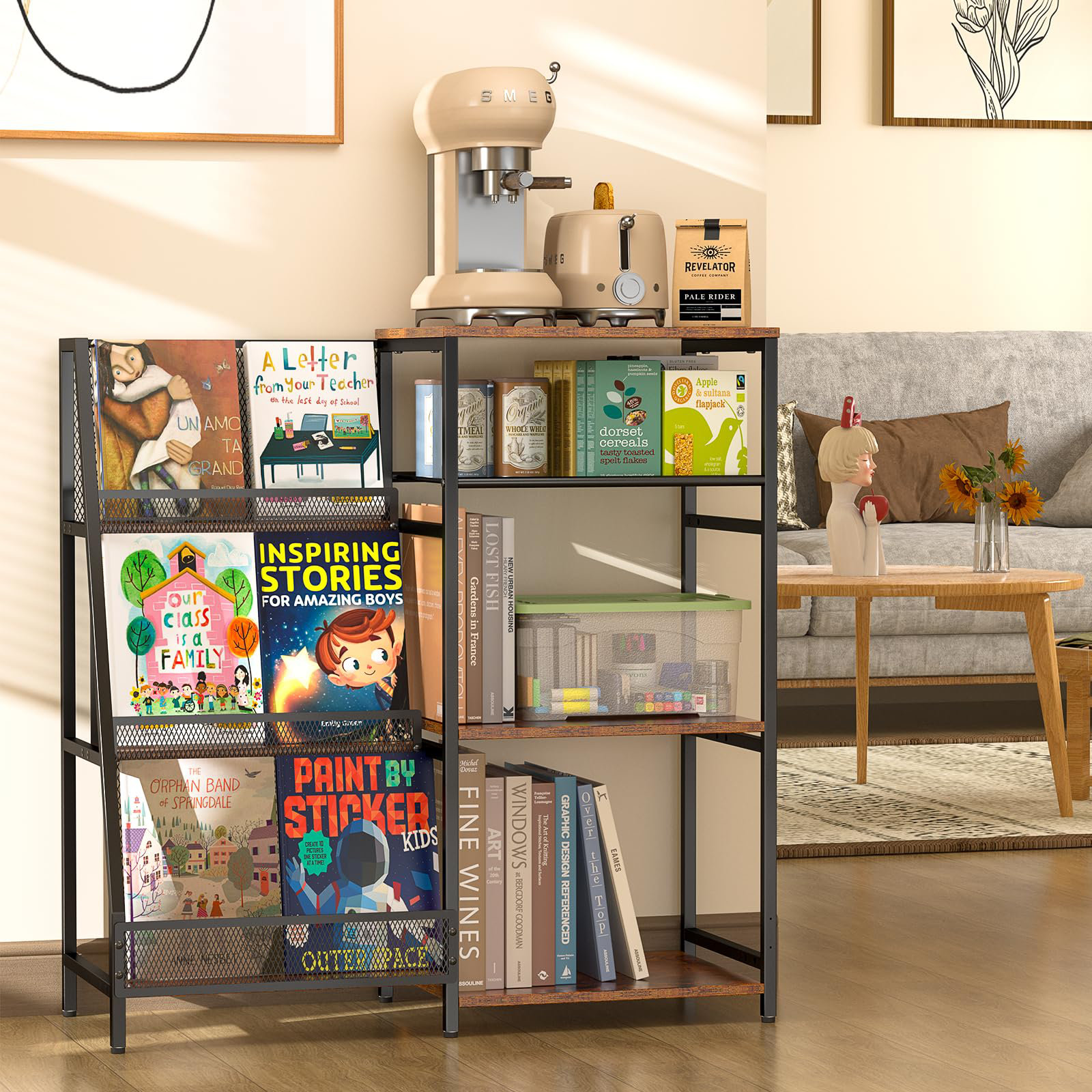 17 Stories Bookshelf, Wooden Kids Bookshelf With 3-Tier Ladder Book ...