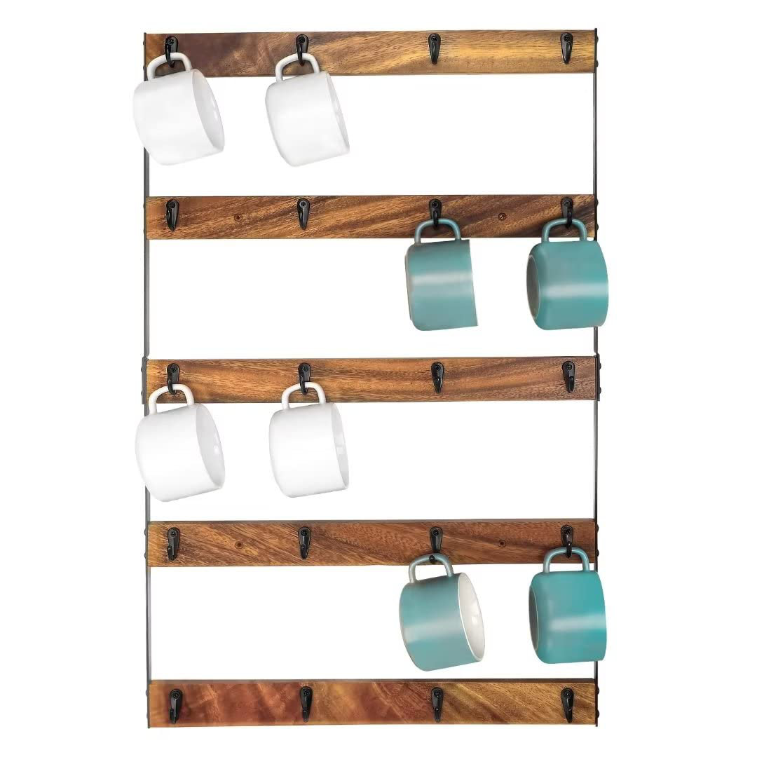Ophelia & Co. Wall Mounted Mug Rack With 20 Mug Holders, Brown | Wayfair