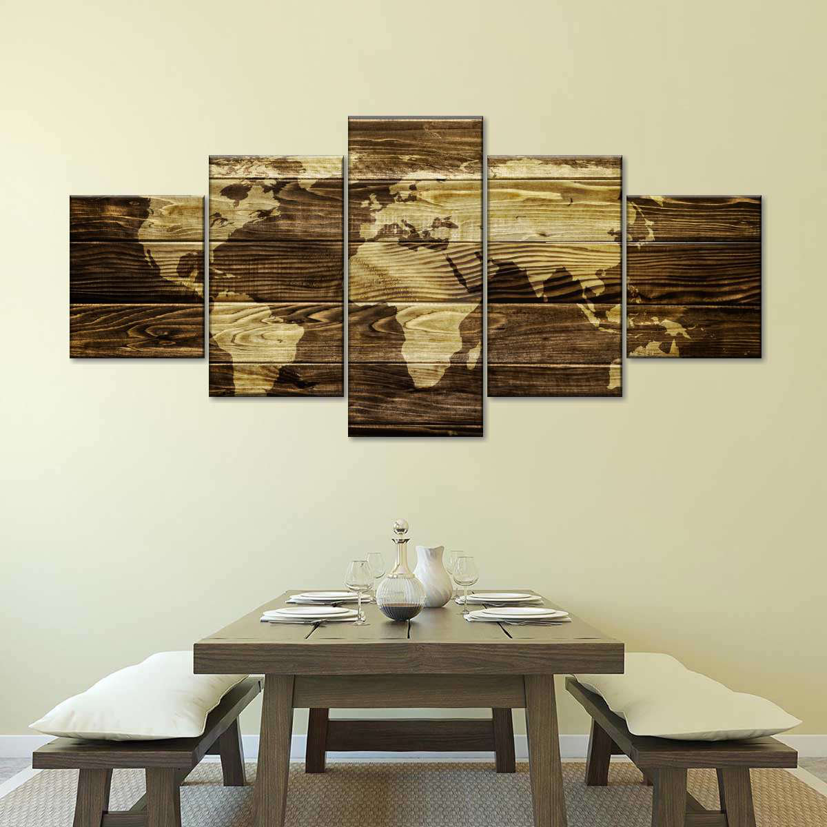Williston Forge Dark Wood World Map - 5 Piece Wrapped Canvas Set | Wayfair