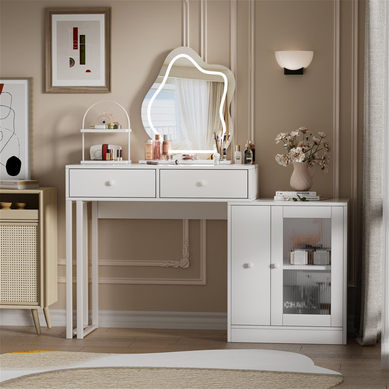 Wrought Studio™ Fuzail Makeup Vanity with 3-Color Touch Screen Lighted ...