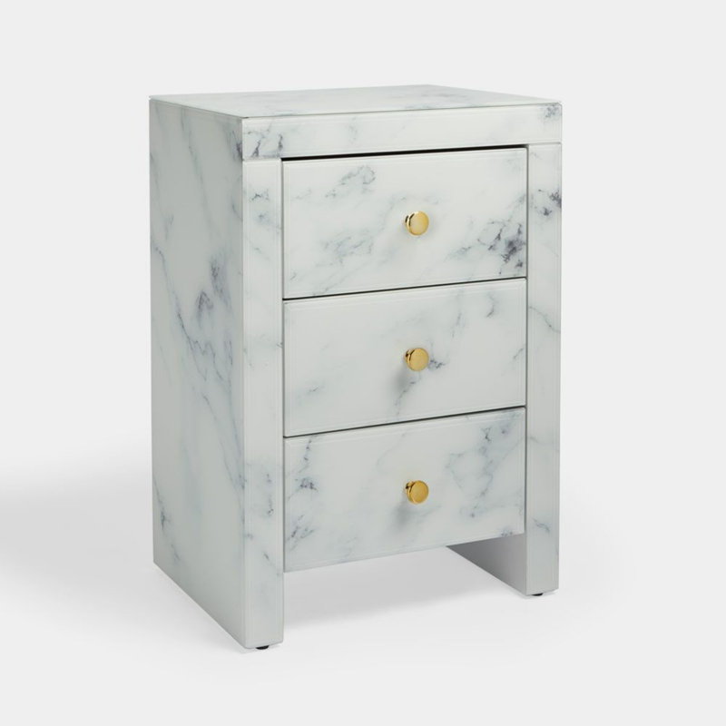 Mercer41 Tempered Glass Nightstand, Marble Nightstand with 3 Drawers ...