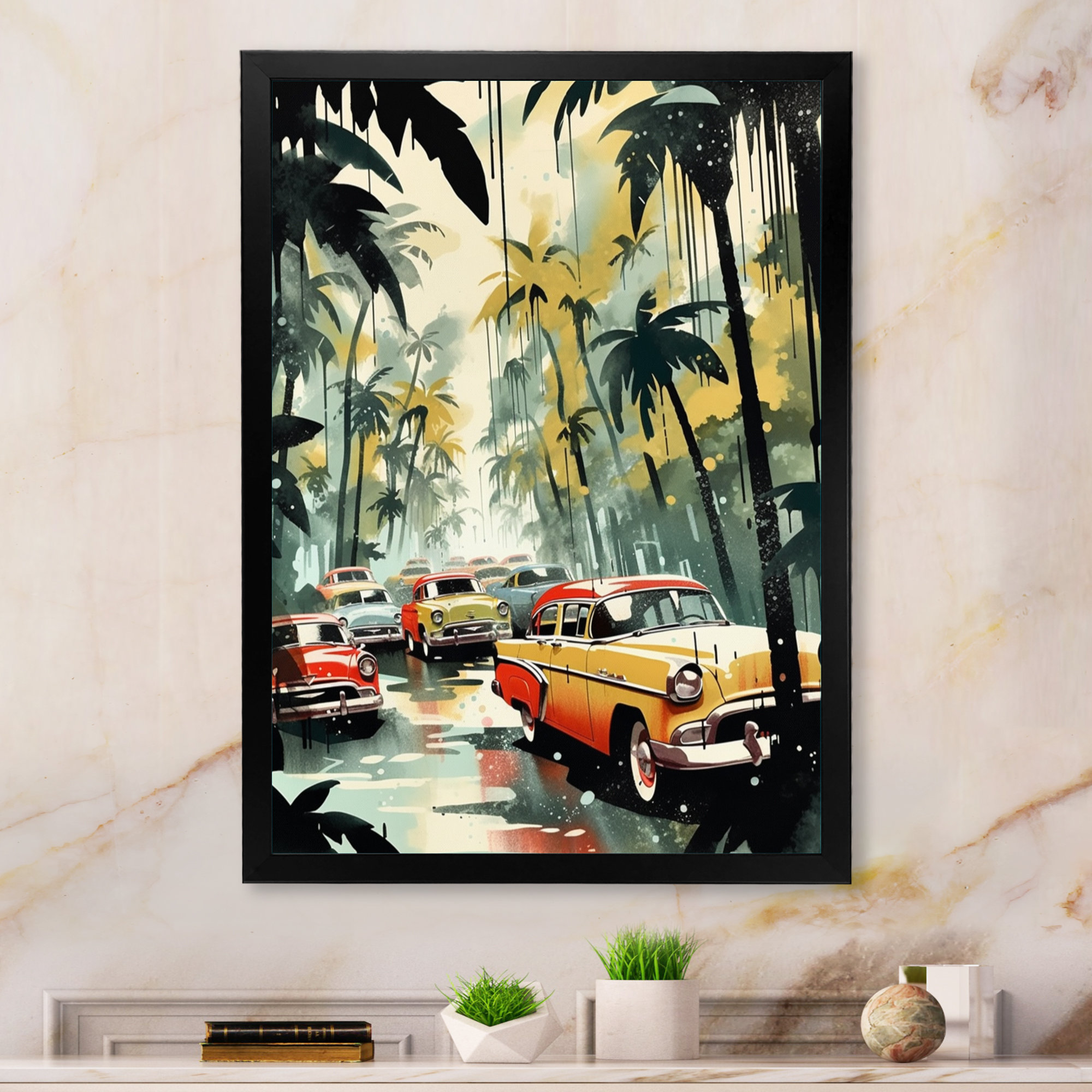 Bay Isle Home™ Yellow And Black Cars In Tropical Paradise - Retro Car ...