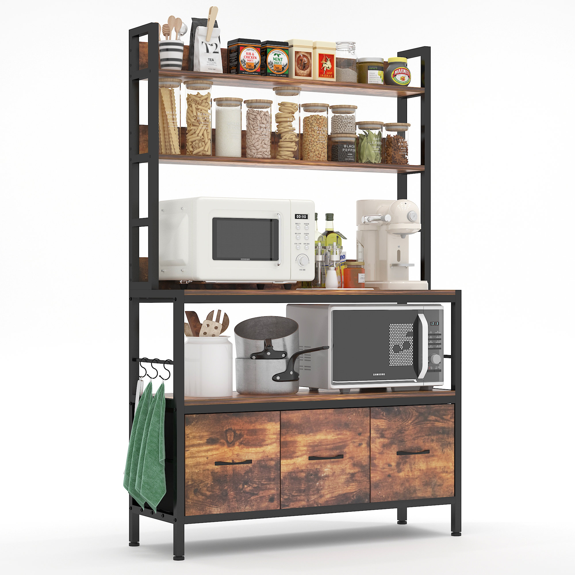 17 Stories Kitchen Bakers Rack With 4 Fabric Drawes And Microwave ...