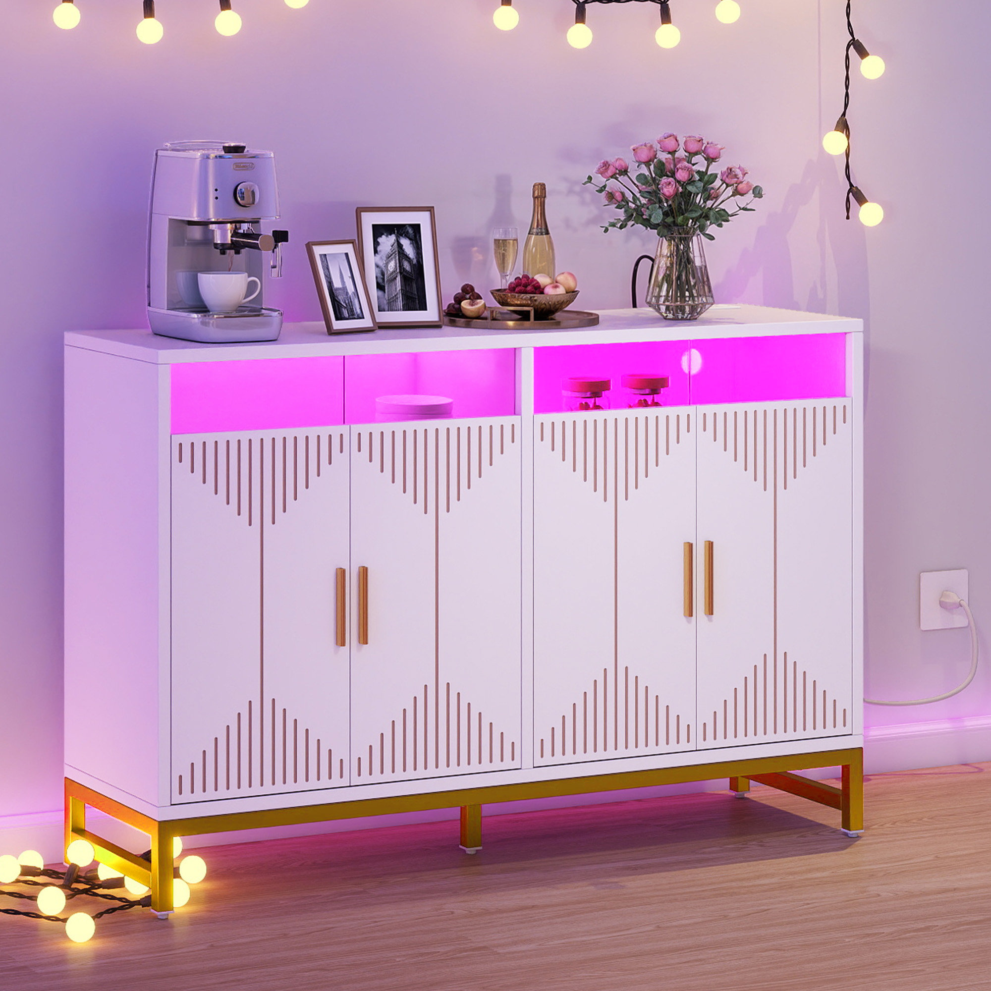 Wrought Studio™ Sideboard Buffet With Power Outlet & LED Light, Buffet ...