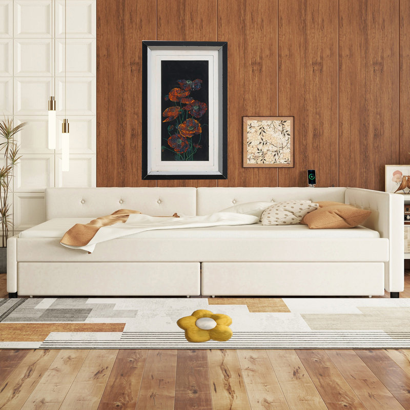 Latitude Run® Upholstered Linen Platform Daybed With USB Charging And 2 ...