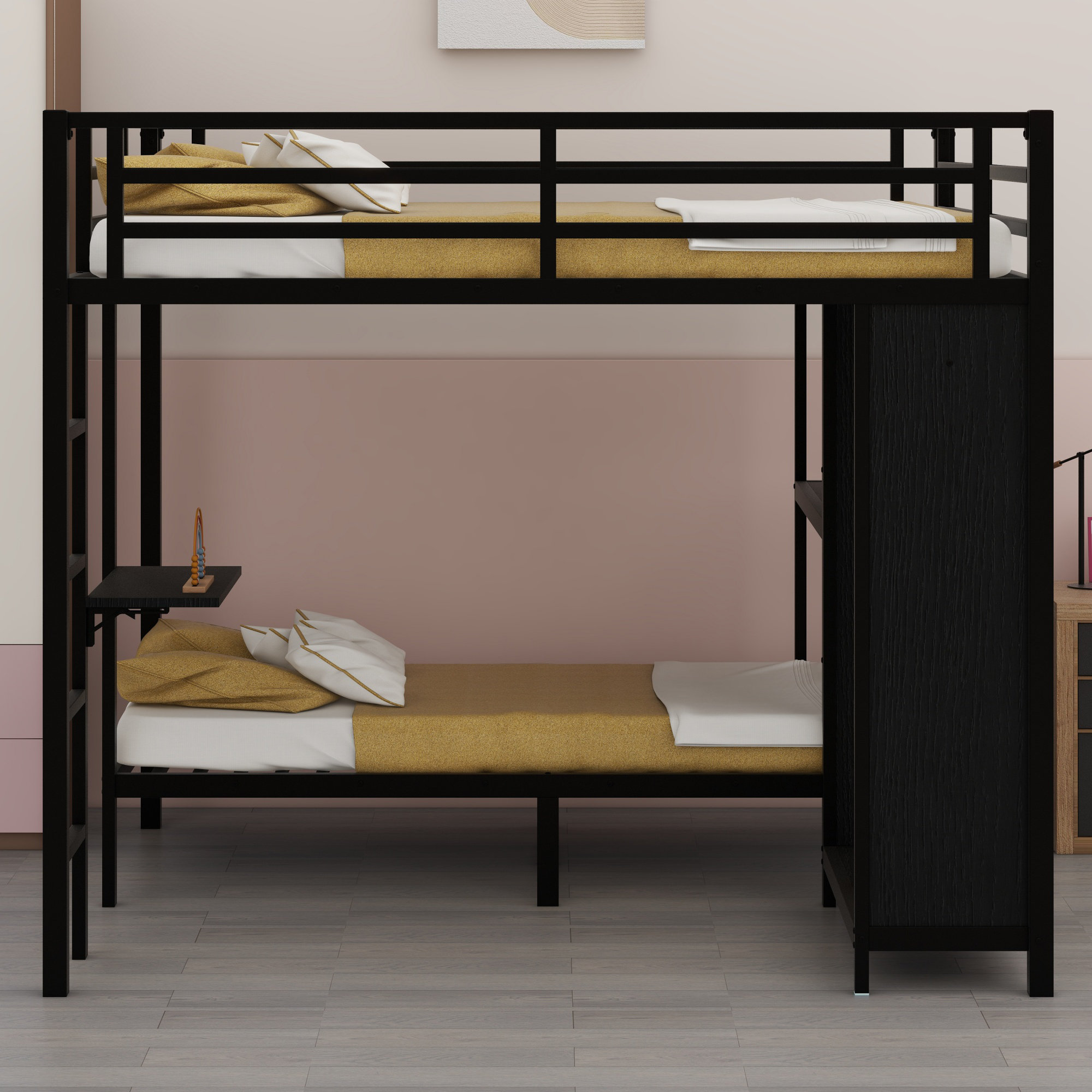 17 Stories Bunk Bed Frame With Built-In Wardrobe And Foldable Desk ...