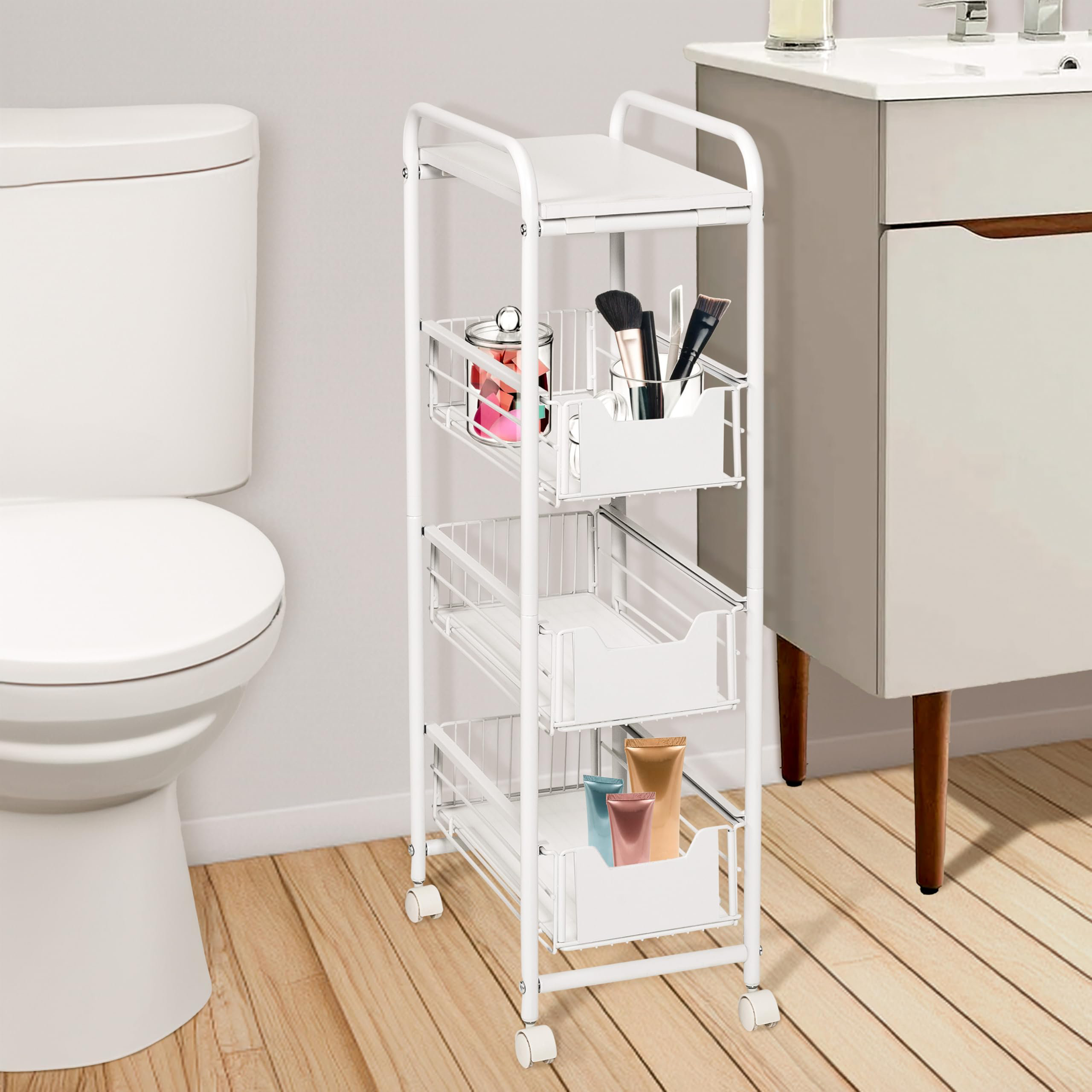 Ebern Designs Slim Rolling Utility Cart - White Metal Storage With 3 ...