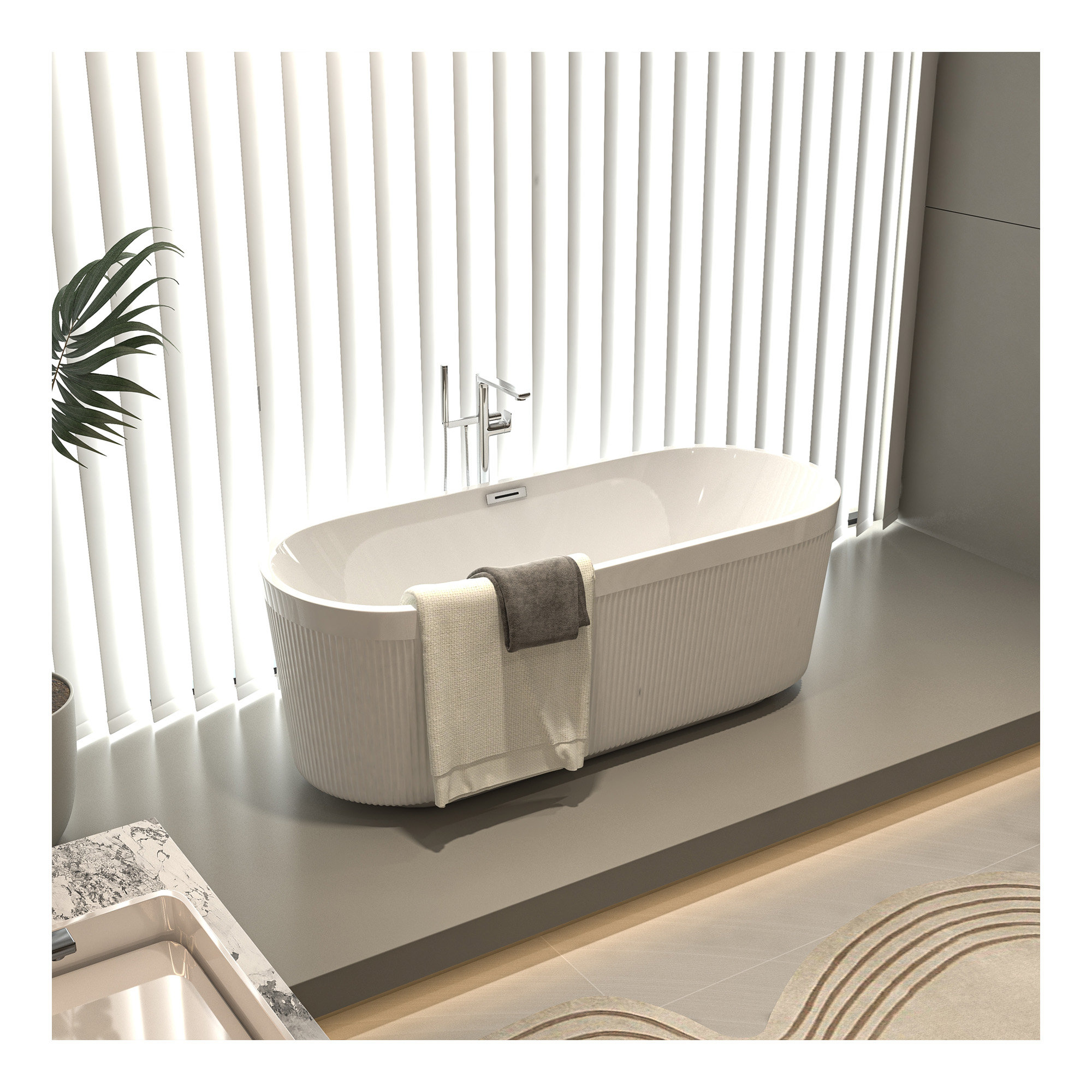 LIYU Acrylic Freestanding Bathtub, Unique Pleated Design, Glossy, Brushed Nickel Overflow and ...