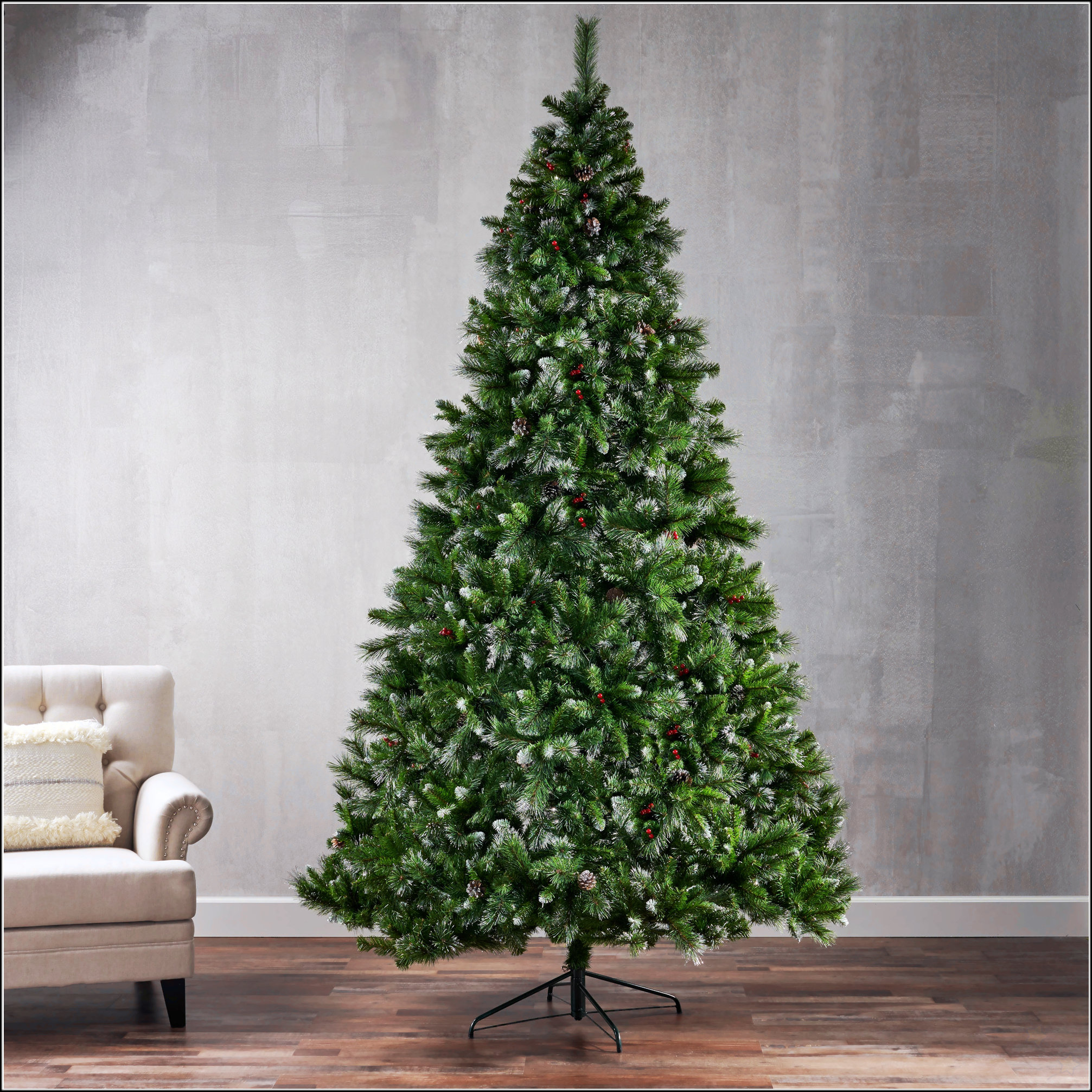 Red Barrel Studio® 9' Glitter Bristle Mixed Hinged Tree With 72 Red Berry And 73 Pine Cones And ...