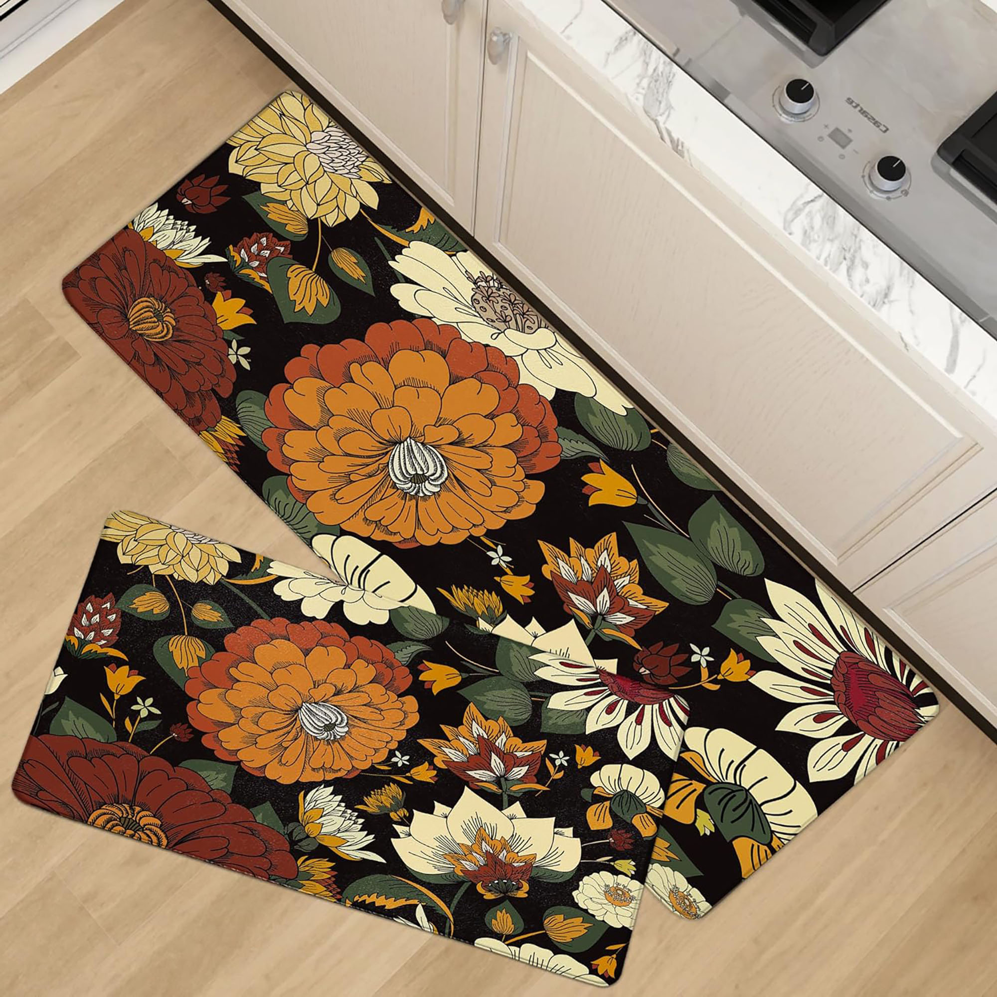 Red Barrel Studio® Black Boho Floral Kitchen Rugs Sets Of 2,Anti ...