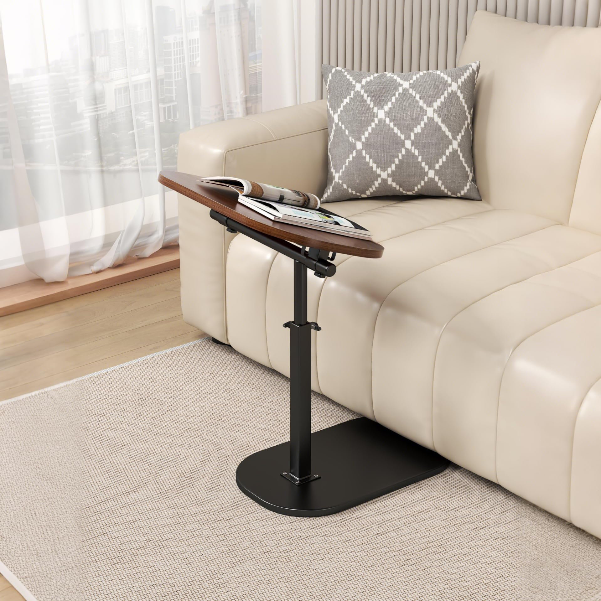 Latitude Run® Solid Wood C Shaped Side Table Adjustable Height, Metal Base C Shaped End Table ...