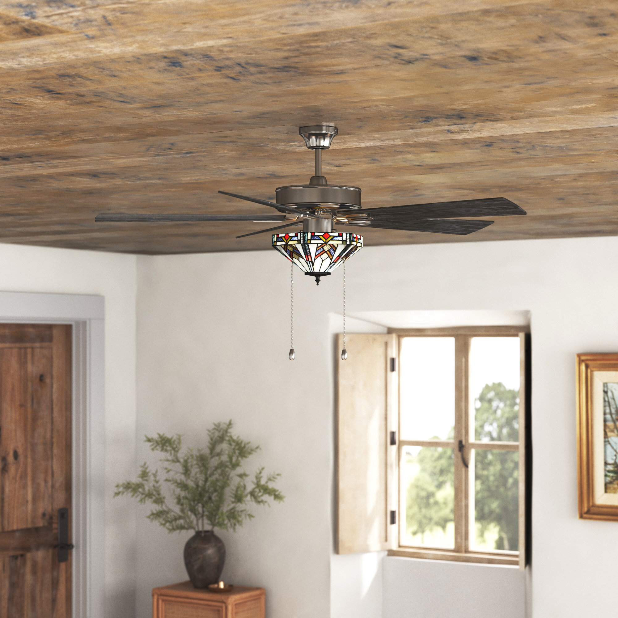 Millwood Pines 52" Londono Mission Stained Glass Satin Nickel Ceiling ...