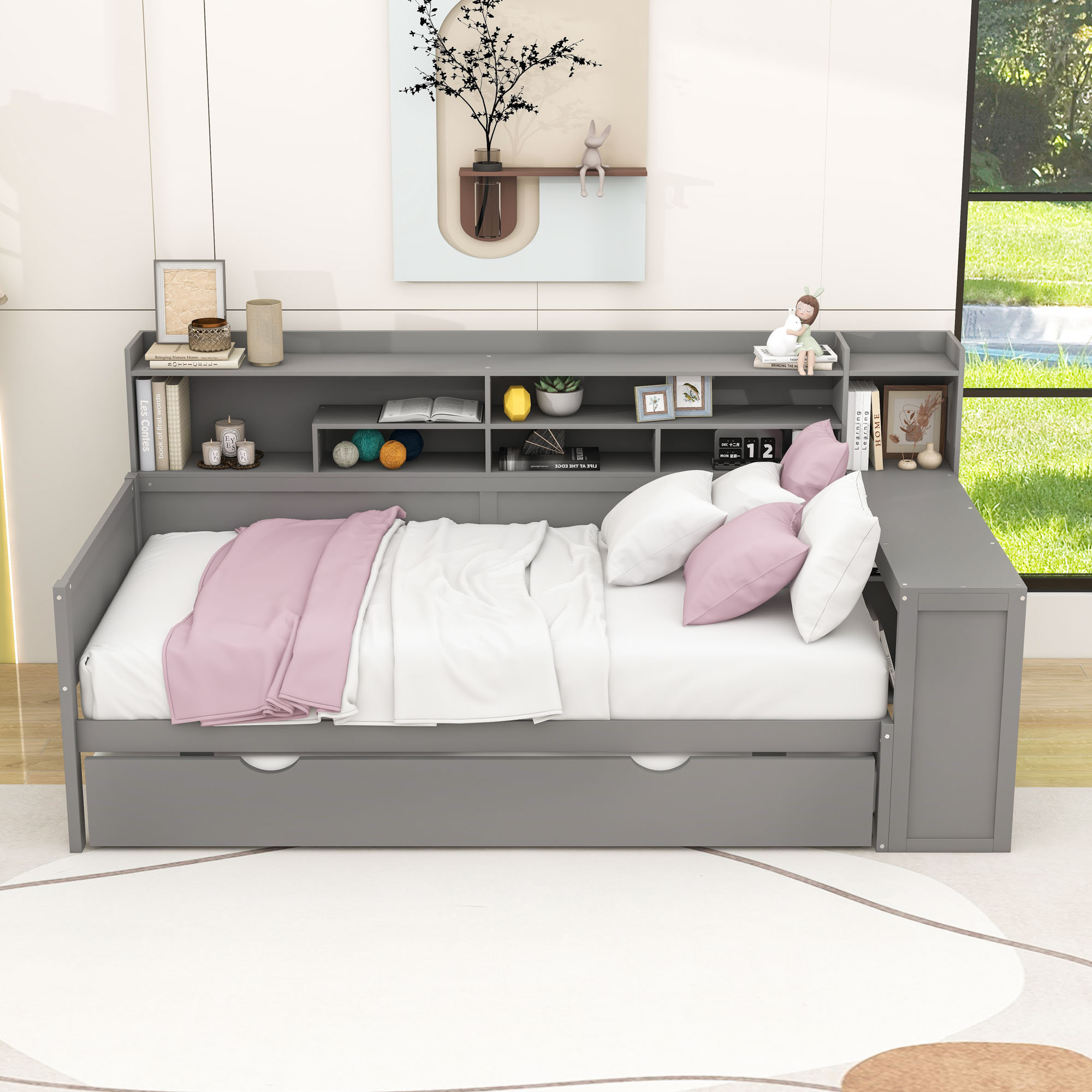 Lark Manor™ Wooden Daybed with Built-In Study Desk, Twin Trundle and ...