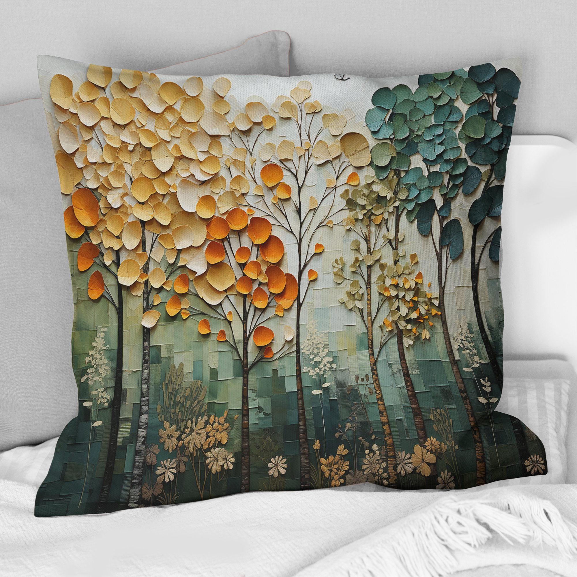 Design Art Orange Green Trees Canopy Patchwork I - Trees Printed Throw ...