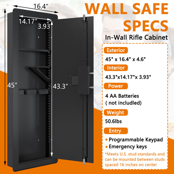 Kaer 45" Wall Gun Safe, Gun Safes & Cabinets, Wall Safes Between the ...