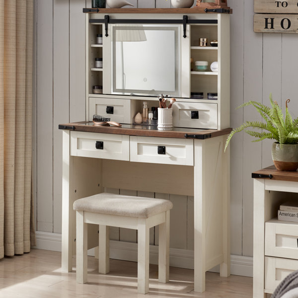 Millwood Pines Valyre Farmhouse Makeup Vanity With Sliding LED Mirror ...