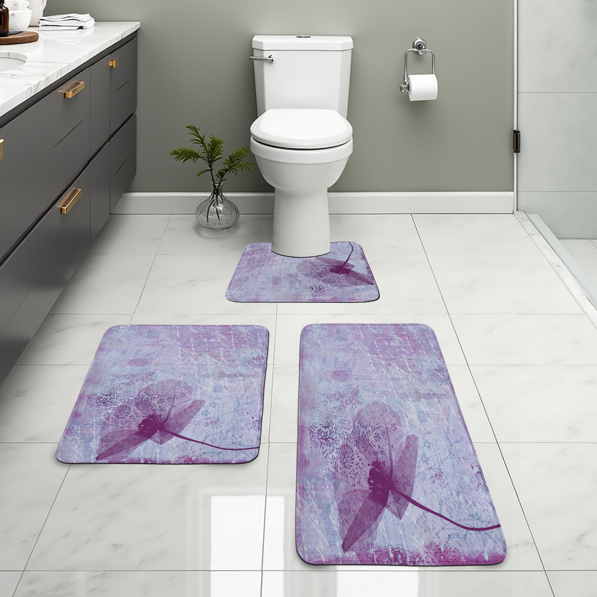 East Urban Home Floral Bathroom Rug Set 3 Pieces U-Shape & Rectangle ...